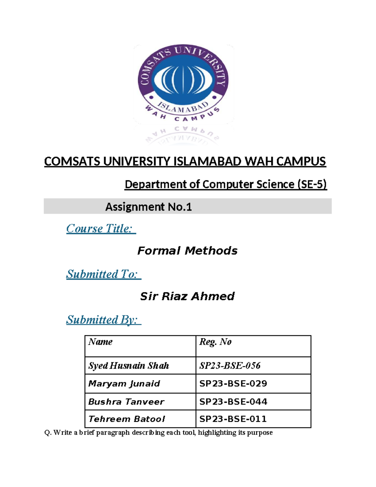 Formal Methods Assignment (SP23-BSE): Overview of Verification Tools - COMSATS UNIVERSITY ...