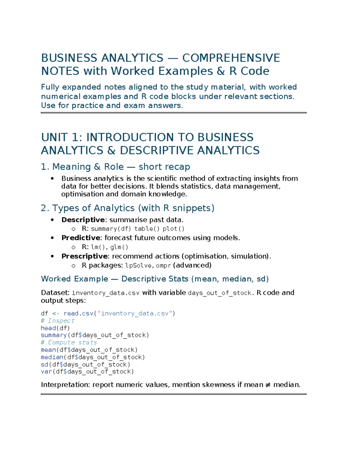 Business Analytics (BA) Comprehensive Notes with R Code Examples - Studocu