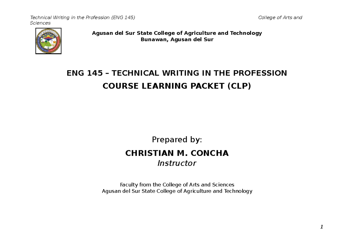ENG 145 - Technical Writing in the Profession Course Learning Packet ...