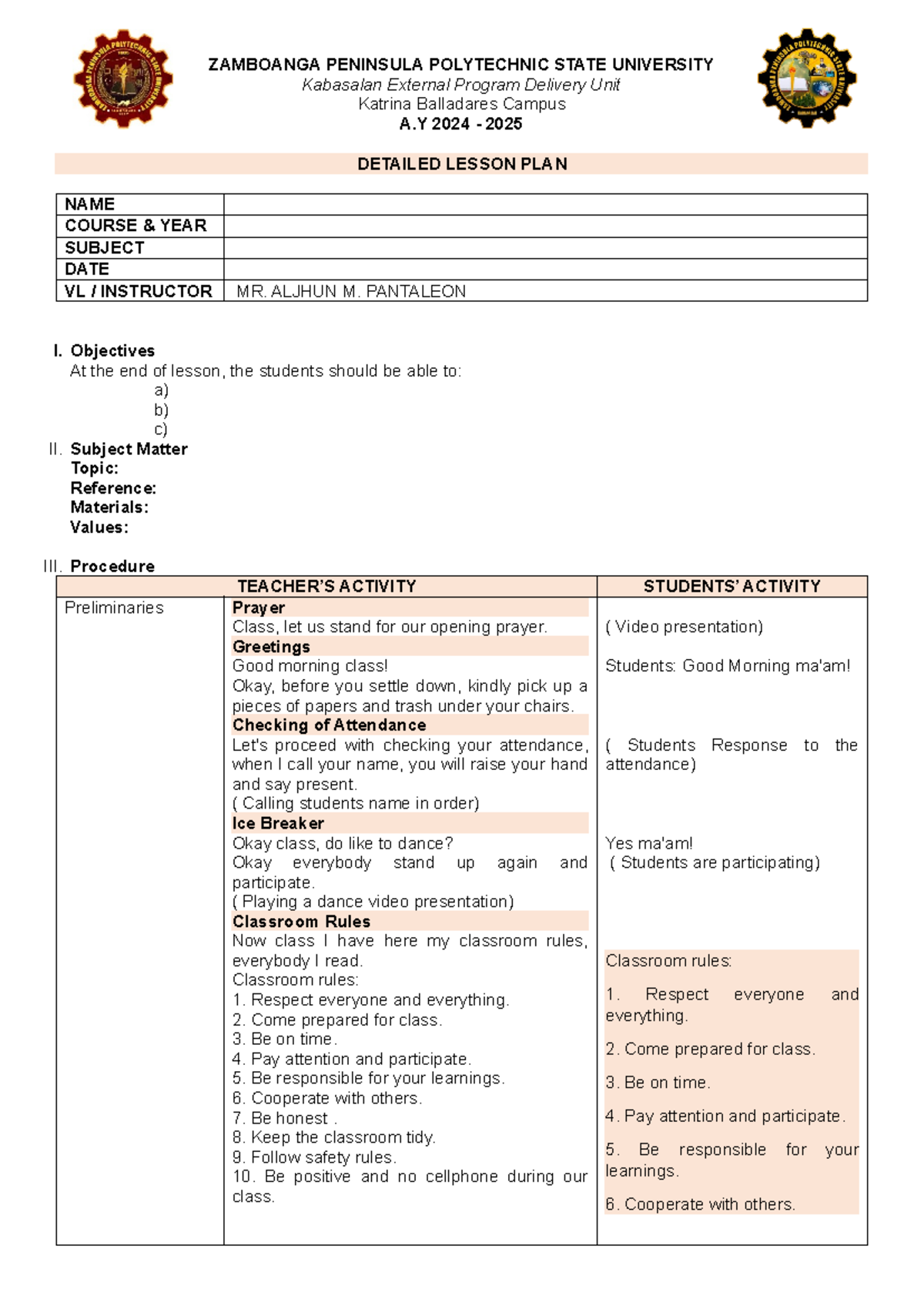 Detailed Lesson Plan Template for PED7 - A.Y. 2024-2025 - Studocu