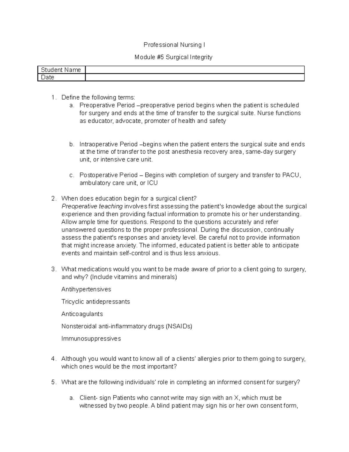 Nursing I Module 5 Surgical Integrity Worksheet and Notes - Studocu