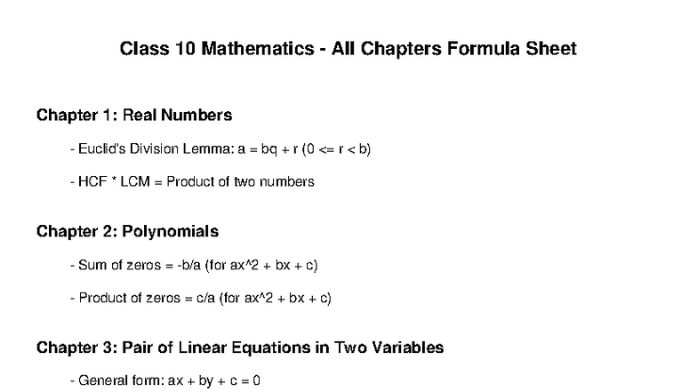 Class 10 Maths Formula Sheet - Comprehensive Coverage - Studocu
