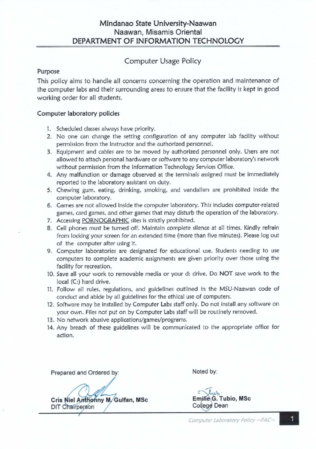 Computer Usage Policy - Mindanao State Naawan, Misamis Oriental - Studocu
