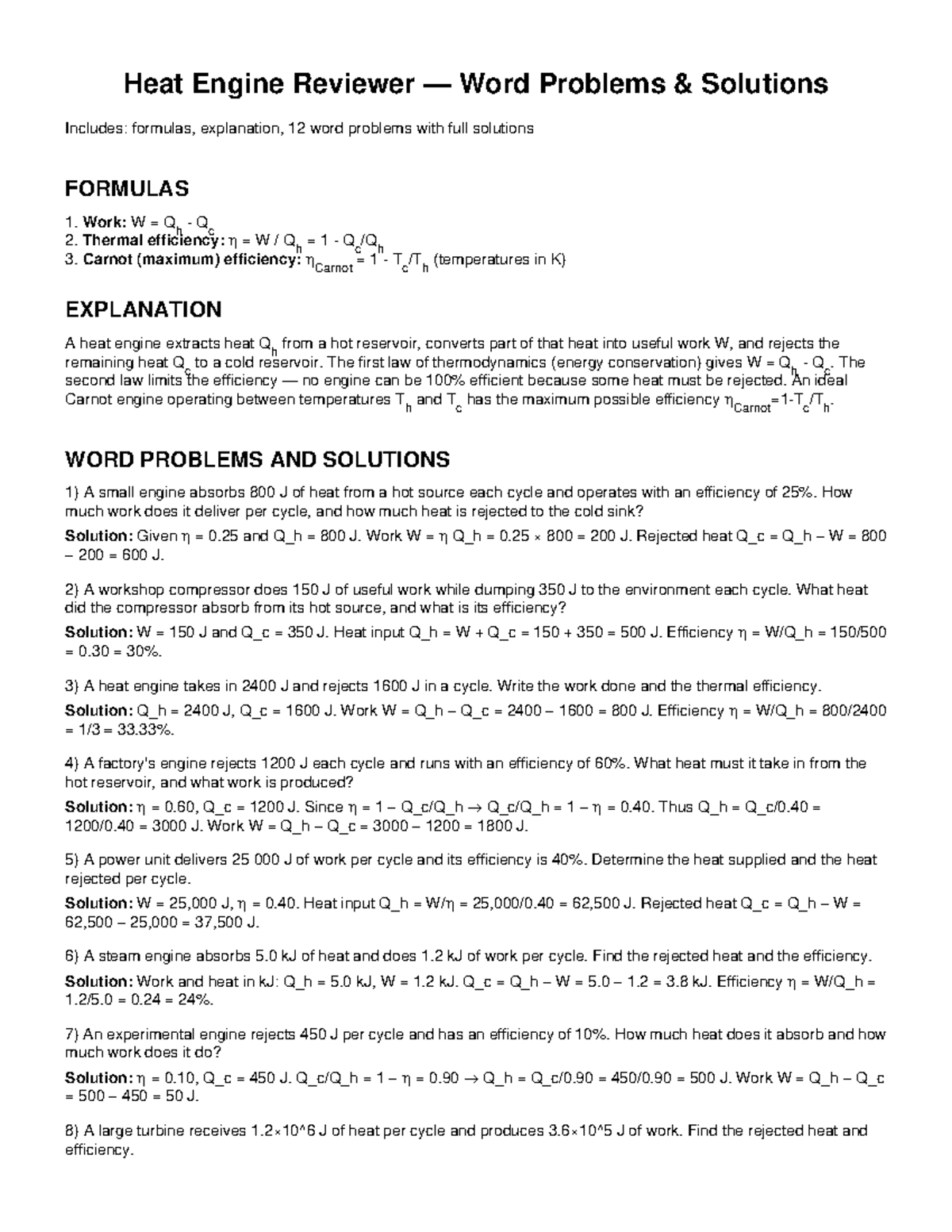 Heat Engine Word Problems Solutions (PHYS 101) - Studocu