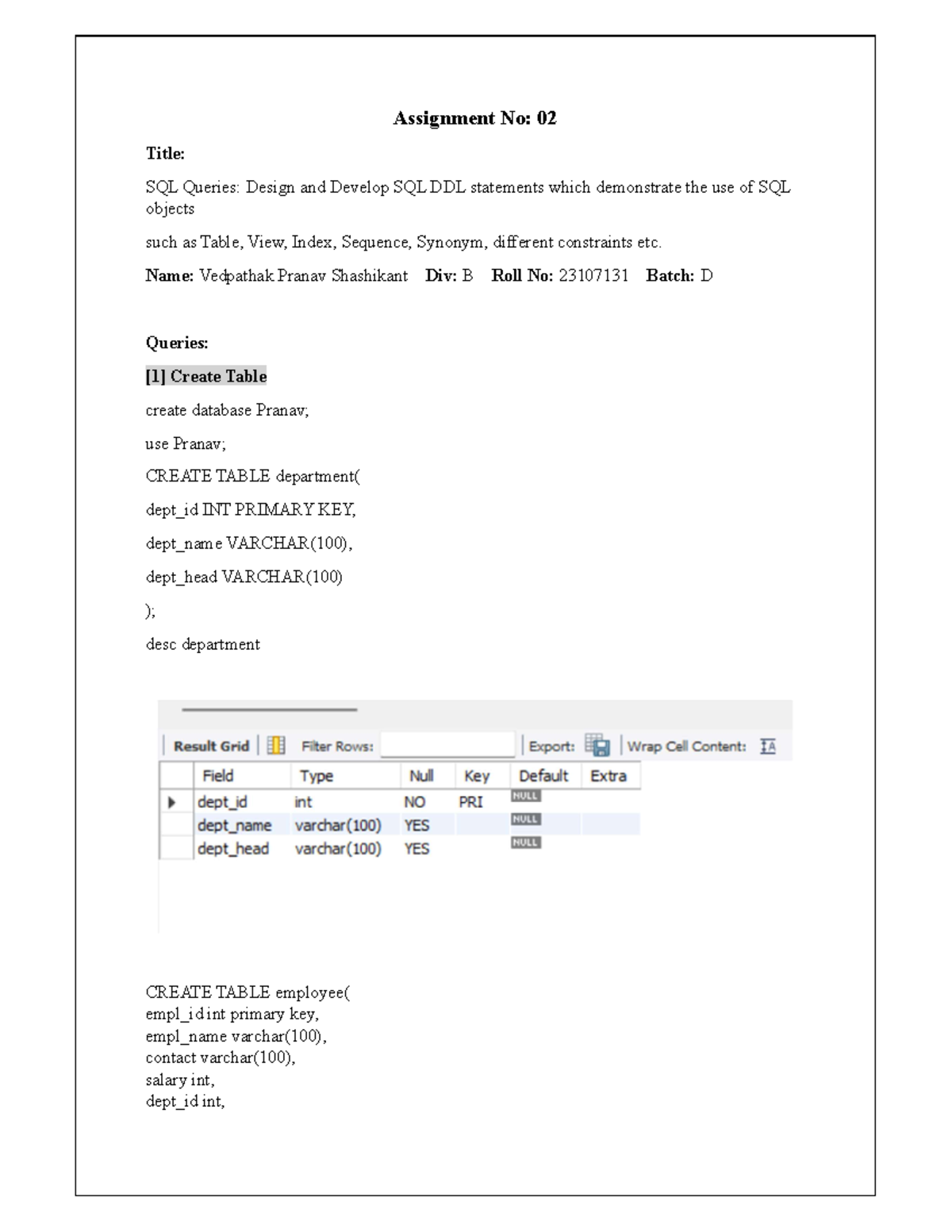 Pr 02 Assignment Assignment No 02 Title Sql Queries Design And