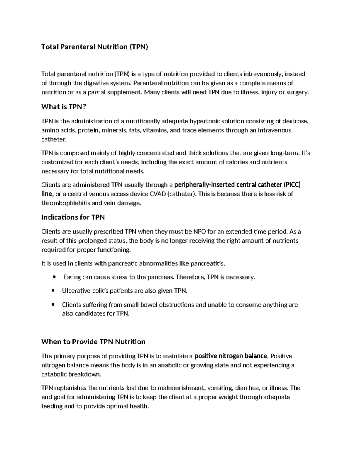 Total Parenteral Nutrition (TPN) - Comprehensive Study Notes - Studocu