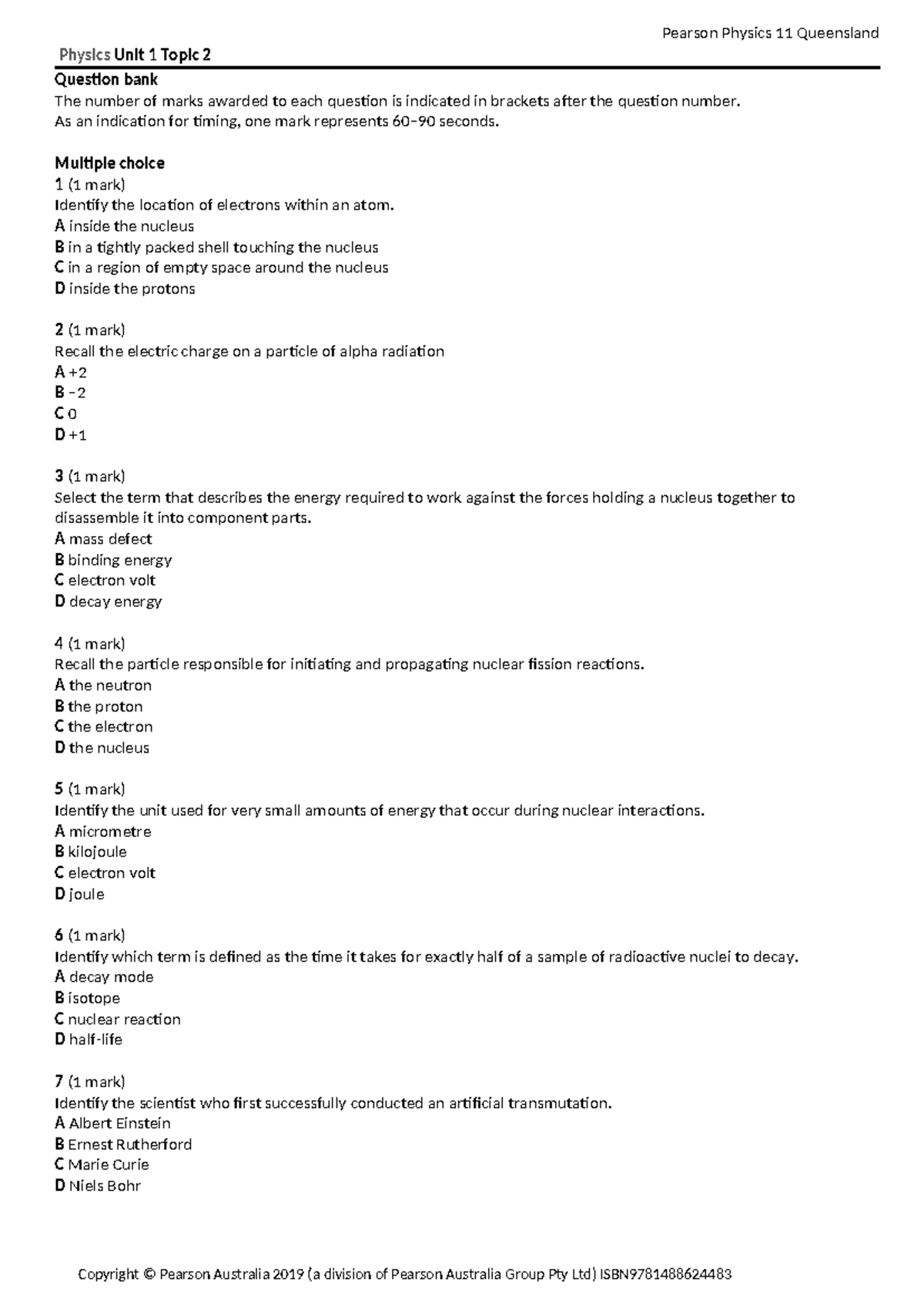 Physics Mock Exam Unit 1: Topic 2 Question Bank and Answers - Studocu