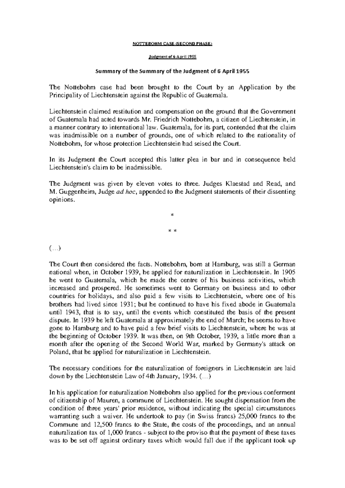 Nottebohm Case (Second Phase) Judgment Summary - April 6, 1955 ...