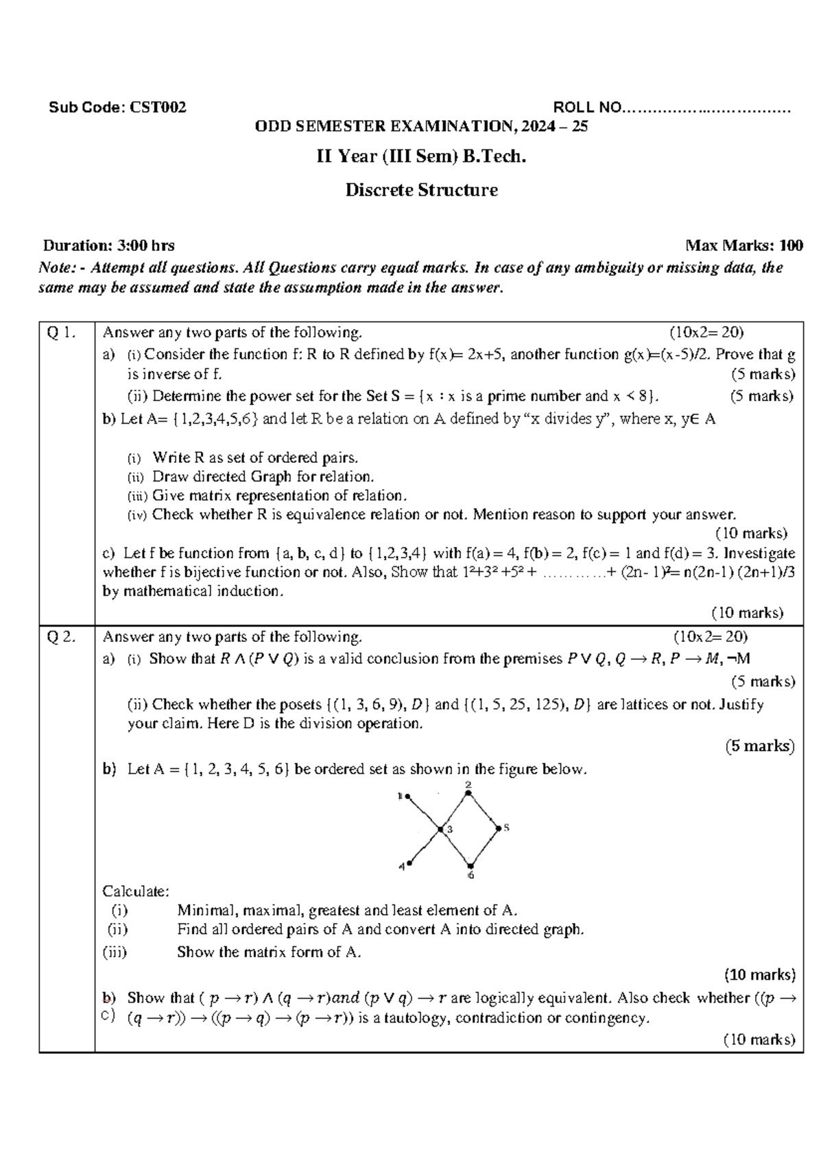 CST002 ODD SEM 2024 B.Tech Discrete Structures Exam Paper - Studocu