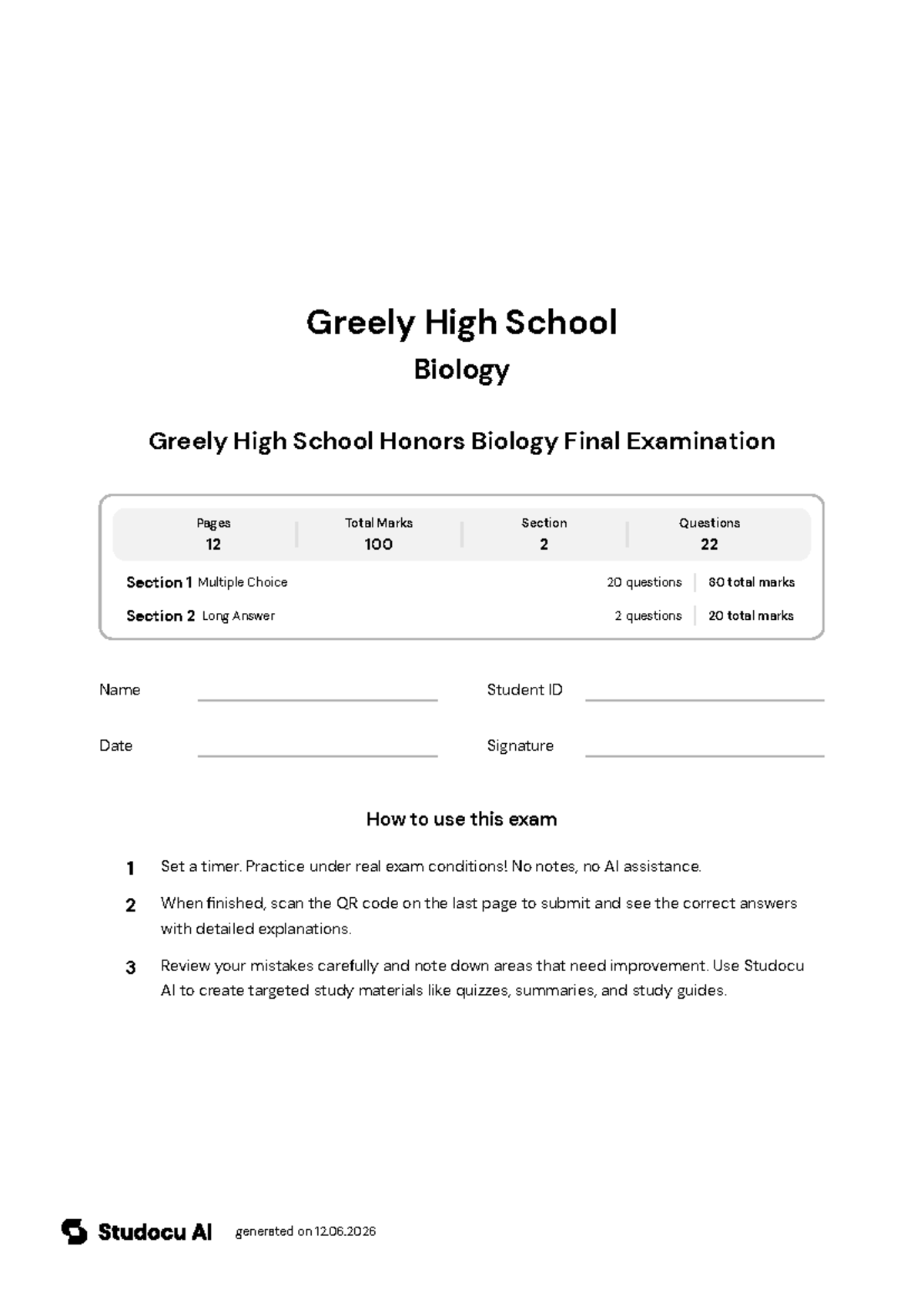 Greely High School Honors Biology Final Exam - Studocu