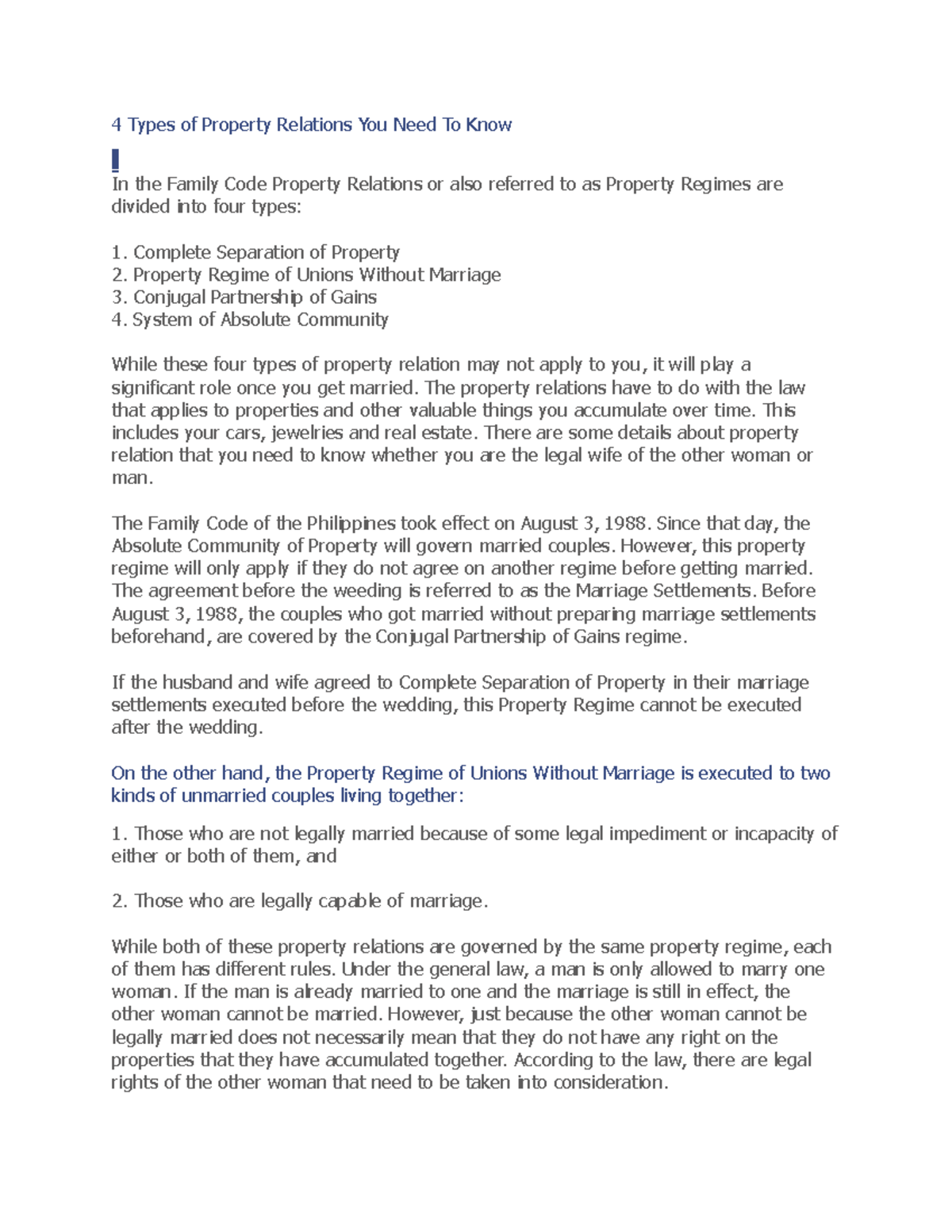 Property Relations of Marriage: Key Types to Understand - Studocu