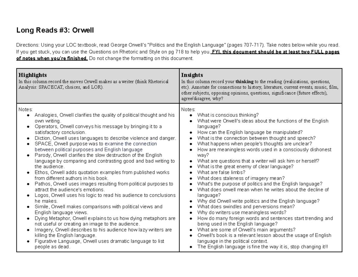 Long Read #3 Notes on Orwell's "Politics and the English Language ...