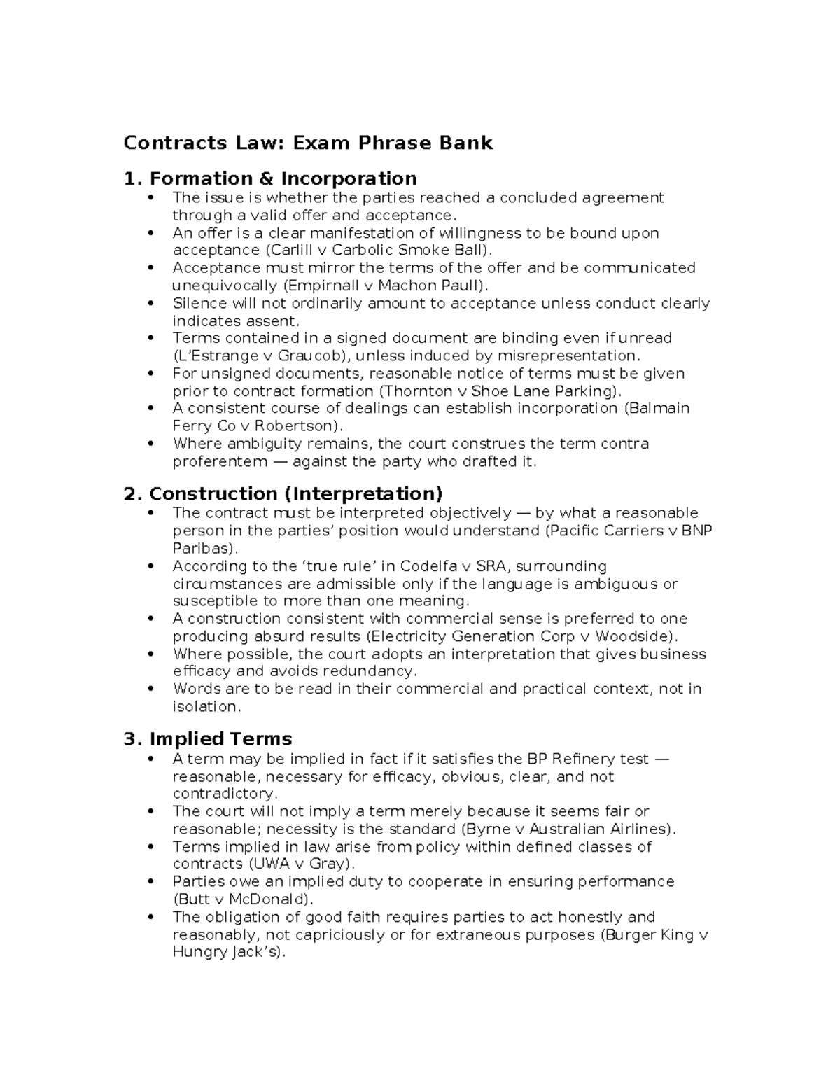 Contracts Law: Exam Phrase Bank 1 - Formation & Interpretation - Studocu
