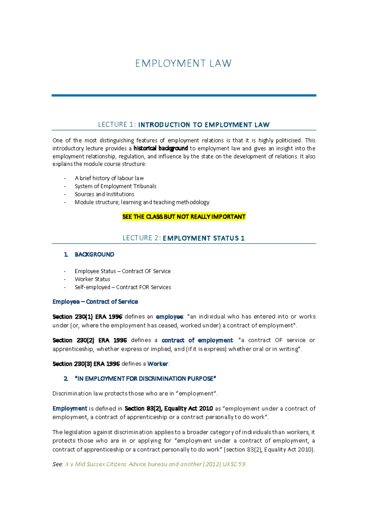 Employment LAW - Clean Version - EMPLOYMENT LAW LECTURE 1: INTRODUCTION ...