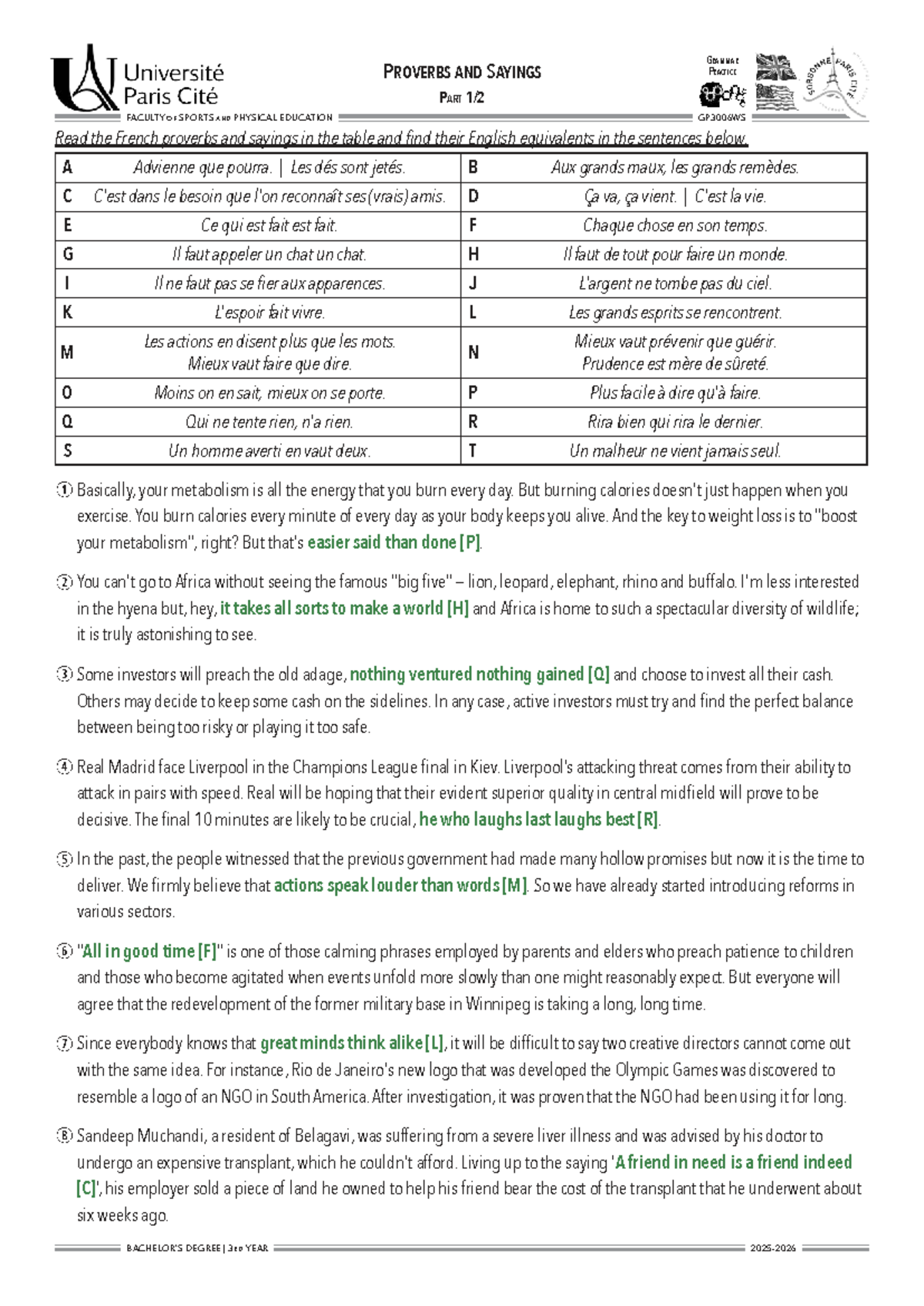 GP3006WS - French Proverbs and Sayings Grammar Practice - Studocu