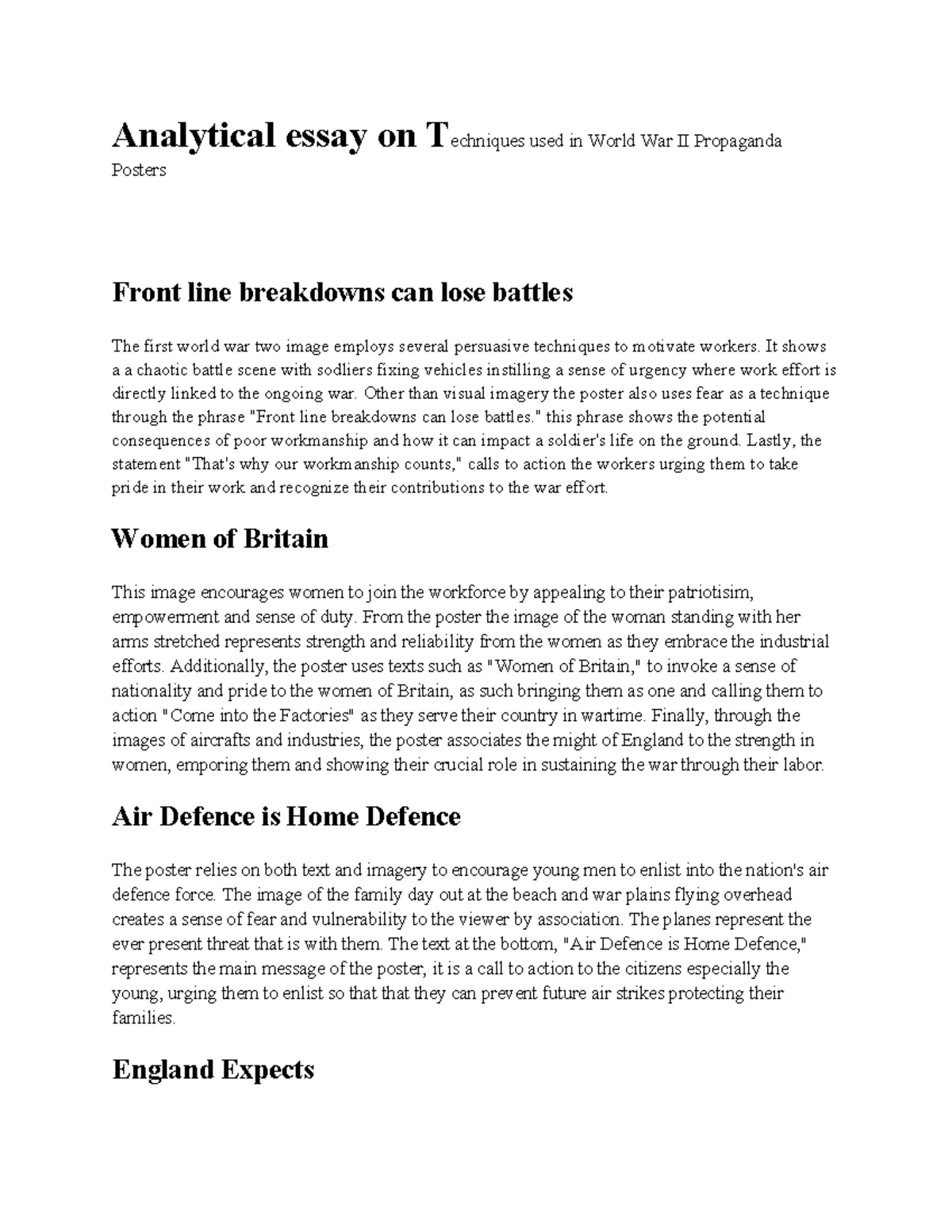 Analytical Essay: Techniques in WWII Propaganda Posters (HIST 202) - Studocu