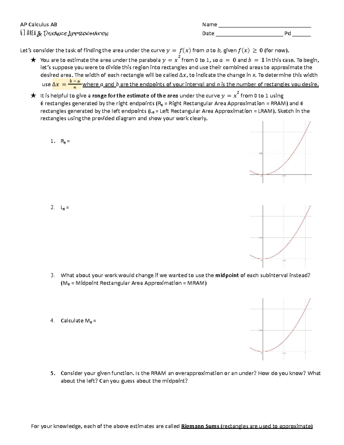 6.1 Area & Distance Approximation - AP Calculus AB Name ...