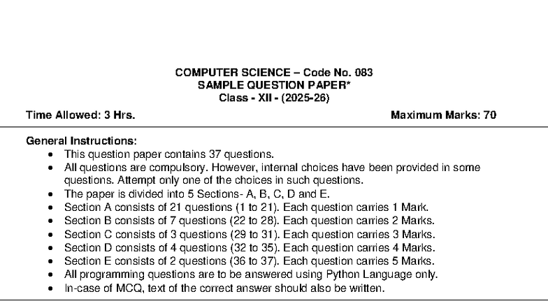 Computer Science Code No. 083 - Class XII Sample Question Paper - Studocu