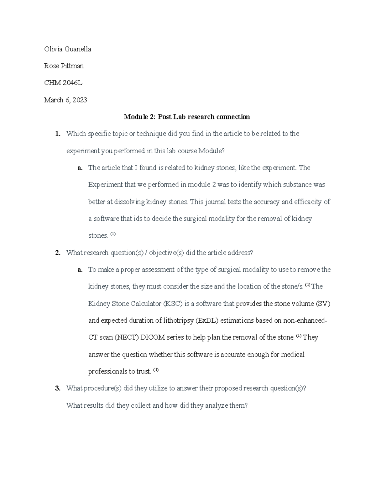 CHM 2046L Module 2 Post Lab: Kidney Stones Research Connection - Studocu