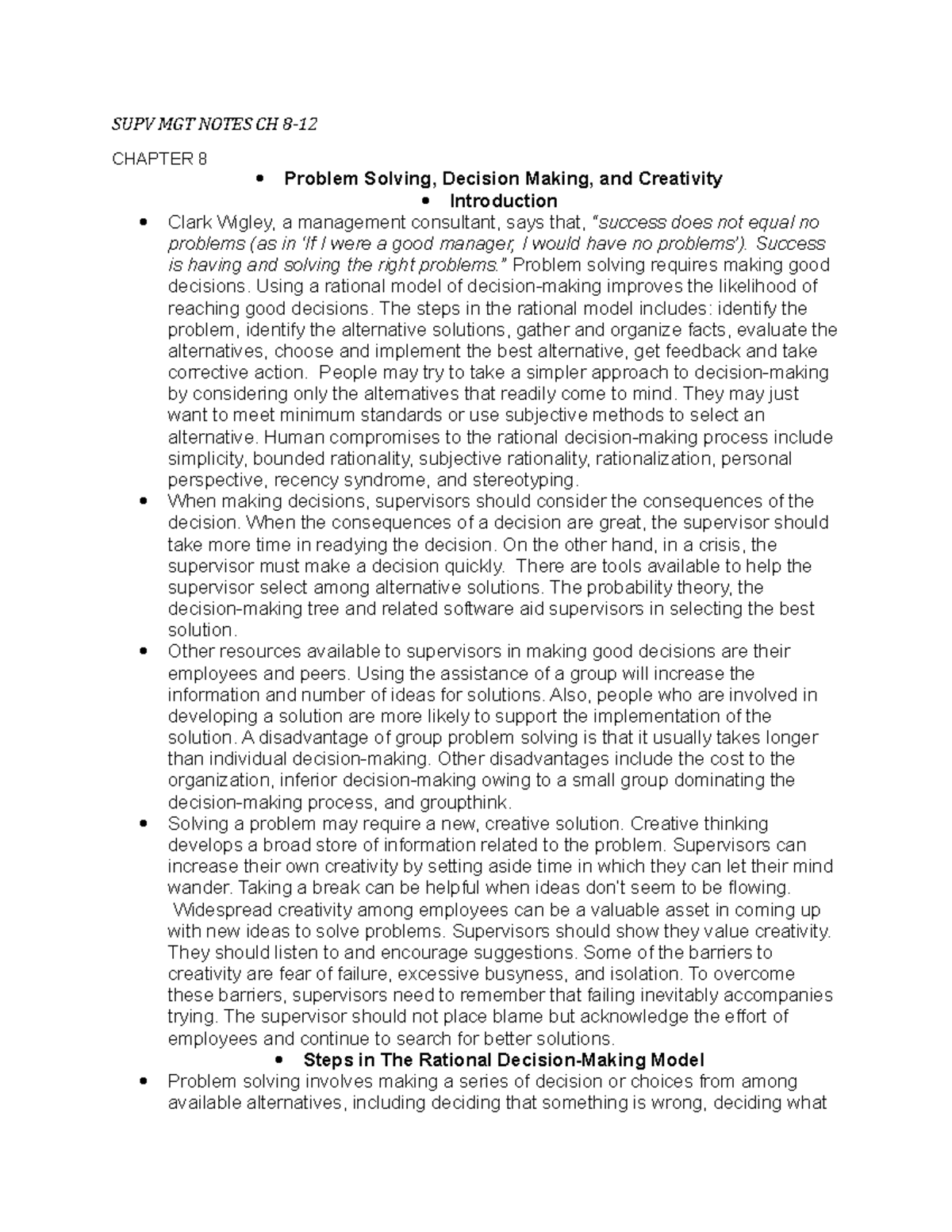 SUPV MGT Notes - Problem Solving & Decision Making (Ch 8-12) - Studocu