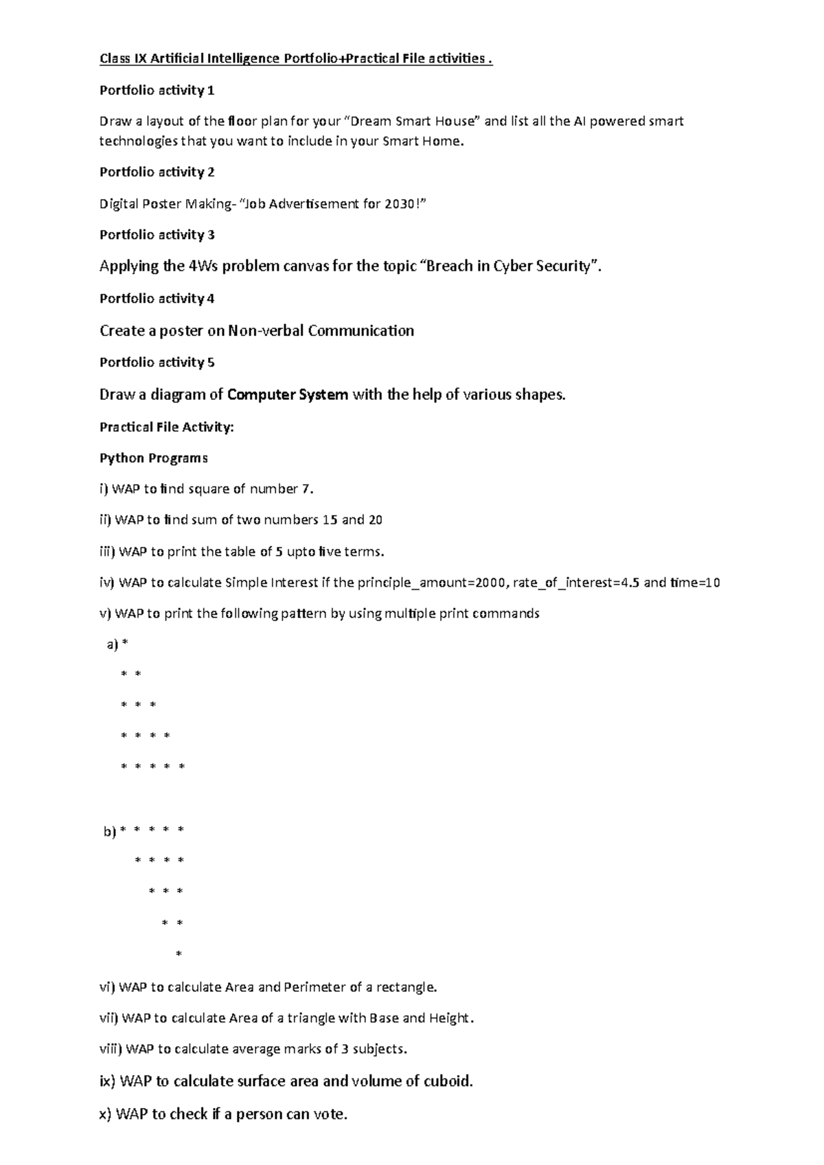 Class IX AI Practical File & Portfolio Activities - Studocu
