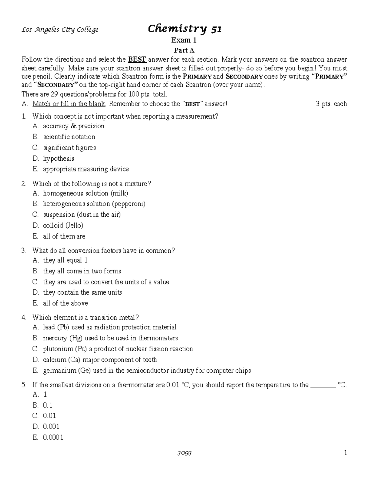 C51 E1 Sample Chem 51 Midterm Practice Test Questions and Answers - Studocu