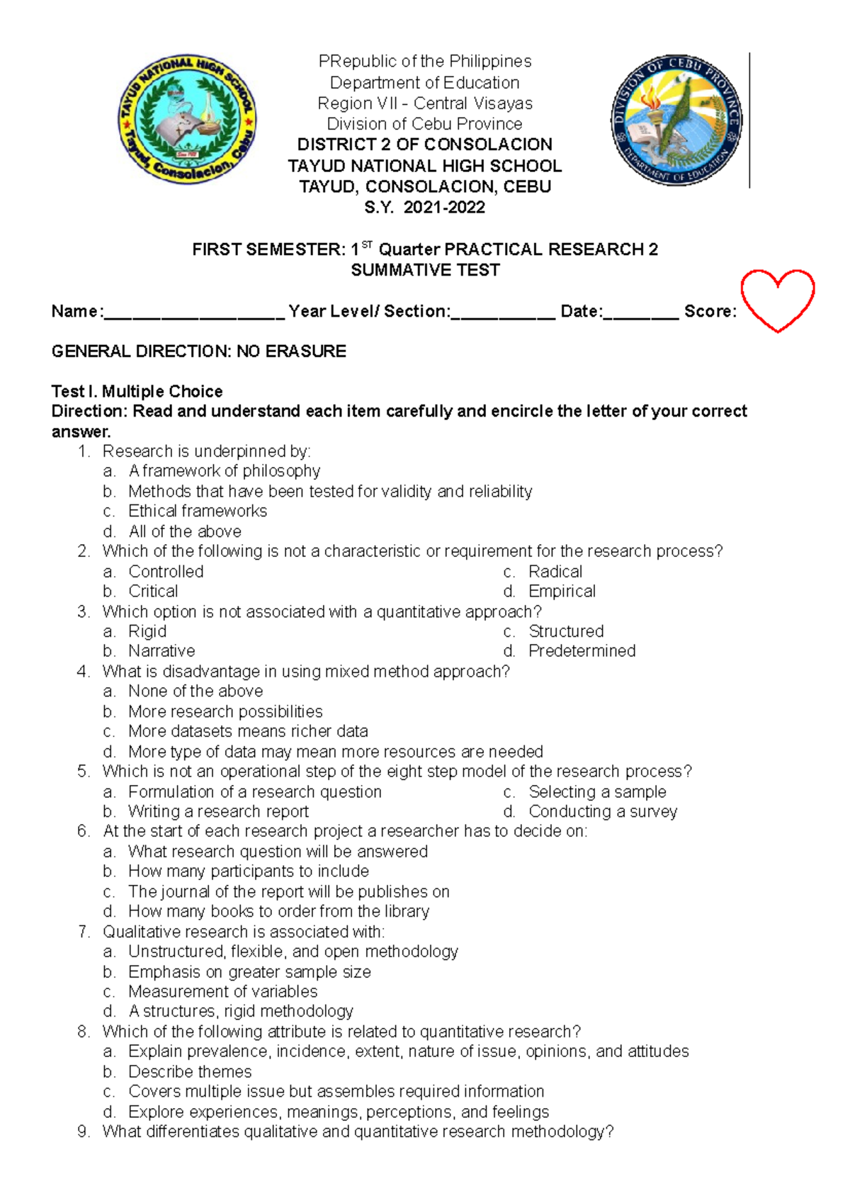 Practical Research 2: 2nd Quarter Summative Test Review Guide - Studocu