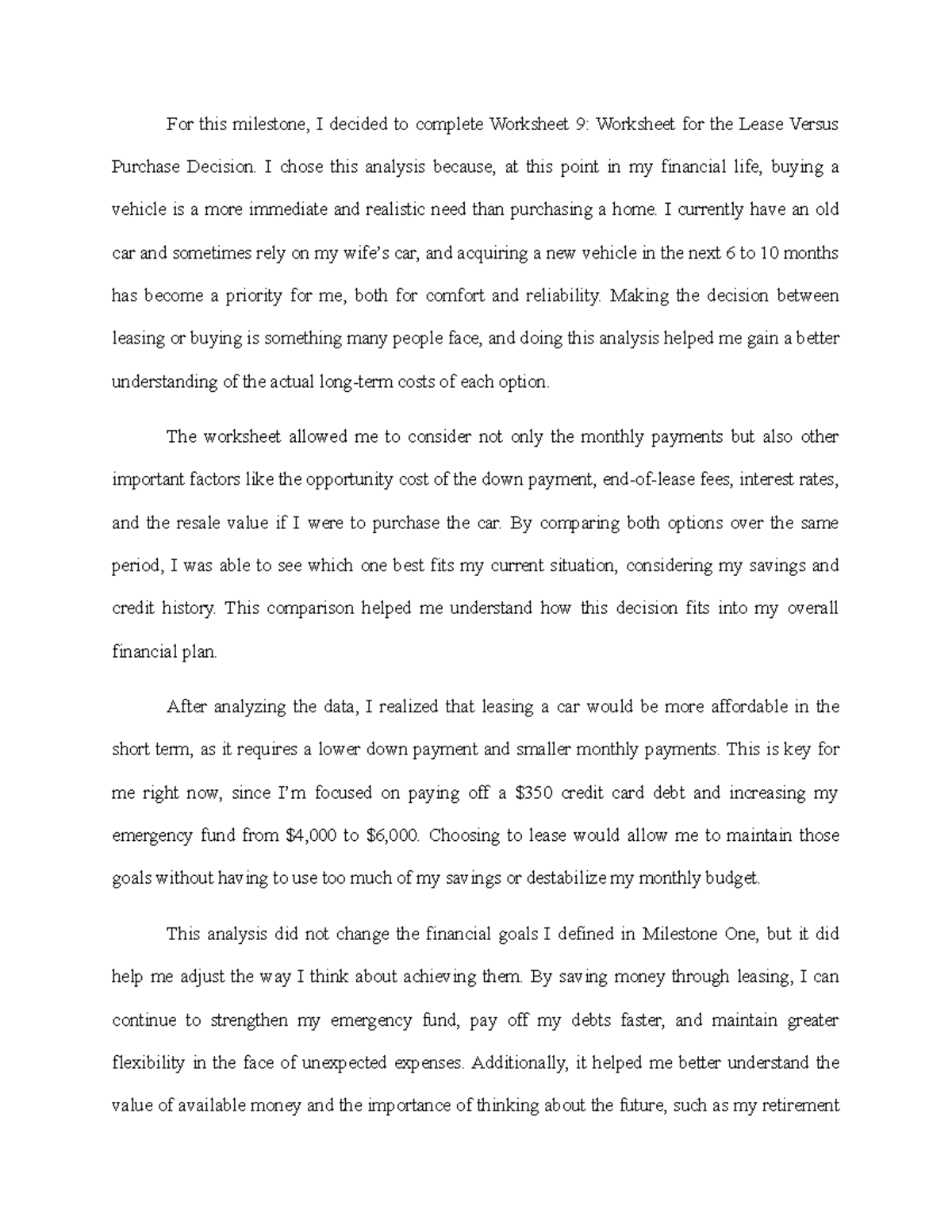 5-1 Milestone Two: Lease vs. Purchase Decision Analysis - Studocu