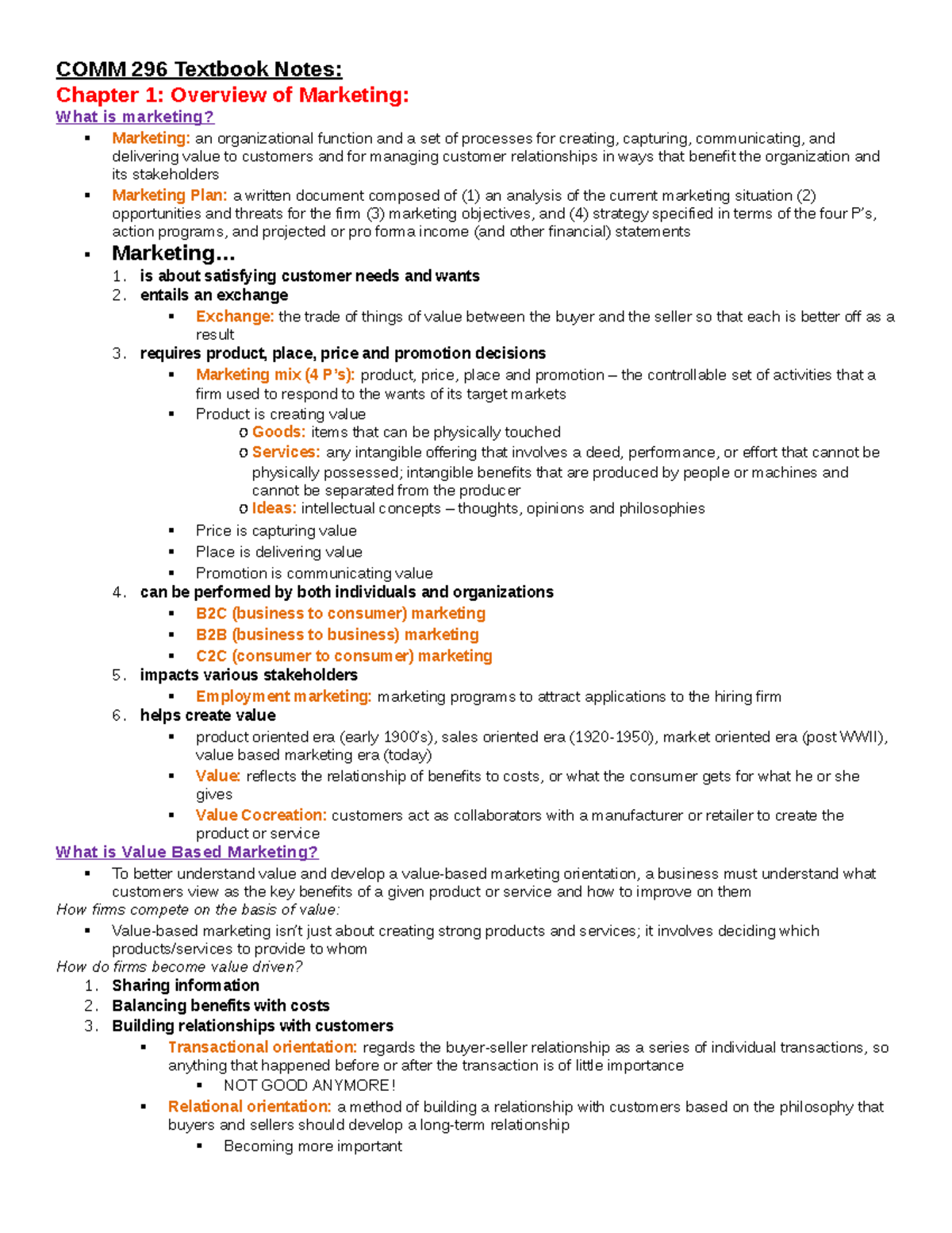Marketing Textbook Notes - COMM 296 Textbook Notes: Chapter 1: Overview ...