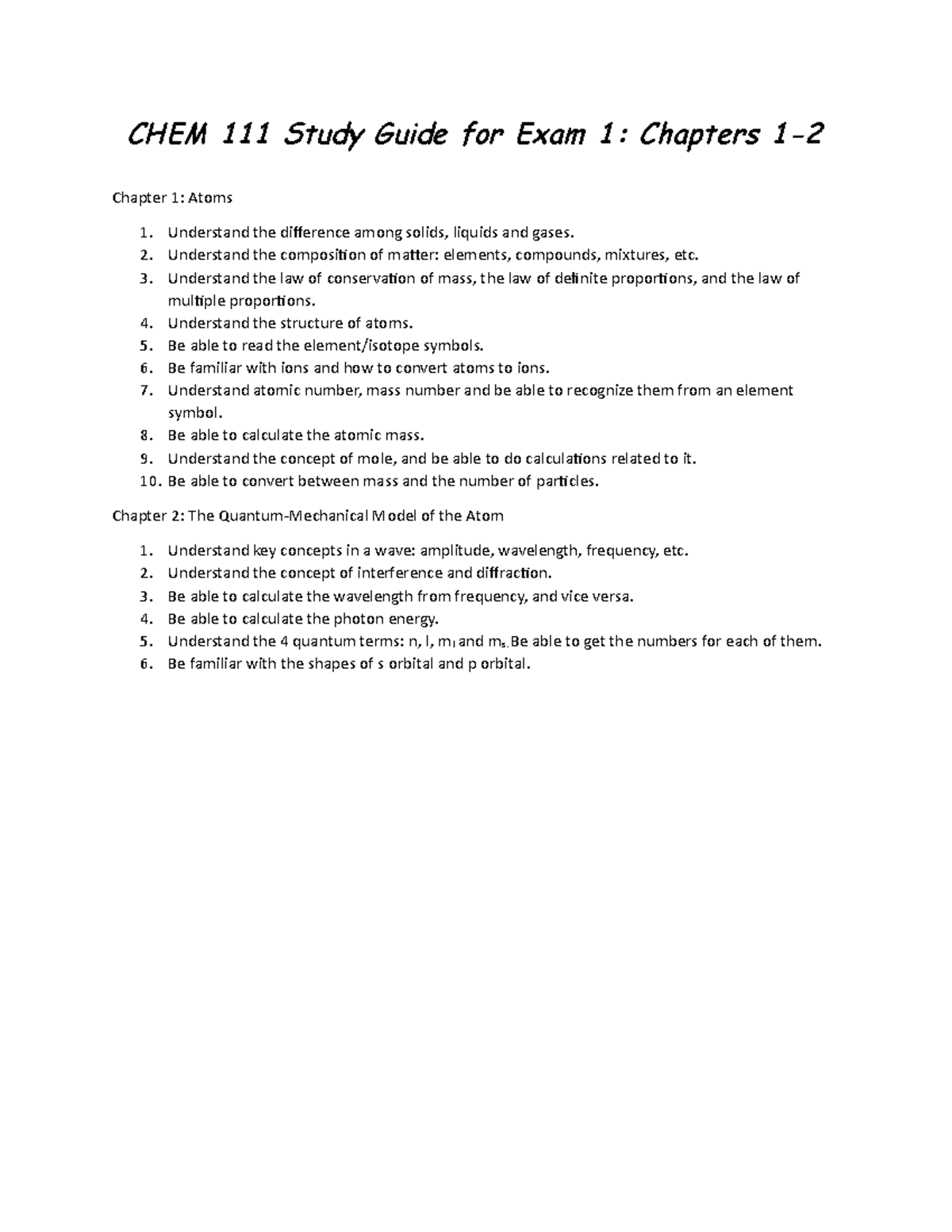 CHEM 111 Exam I study guide - CHEM 111 Study Guide for Exam 1: Chapters ...