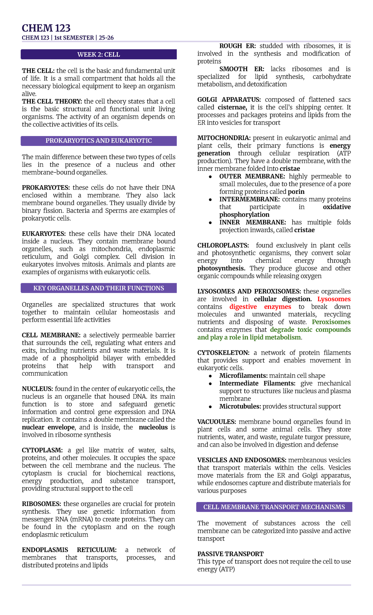 CHEM 123 1st SEMESTER LAB Prelims Reviewer on Cell Biology and ...