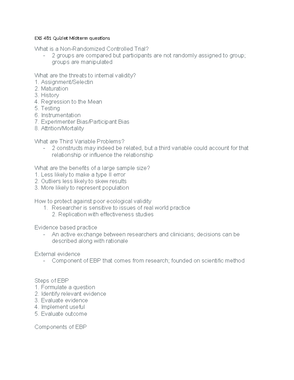 EXS 481 - Midterm Quizlet Study Guide and Key Concepts - Studocu