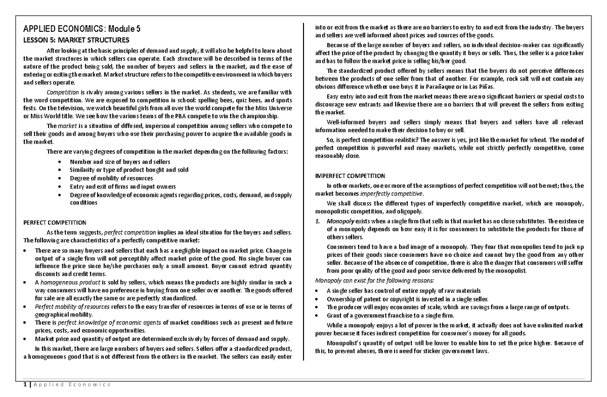 Applied Economics - Module 5: Market Structures Overview - Studocu