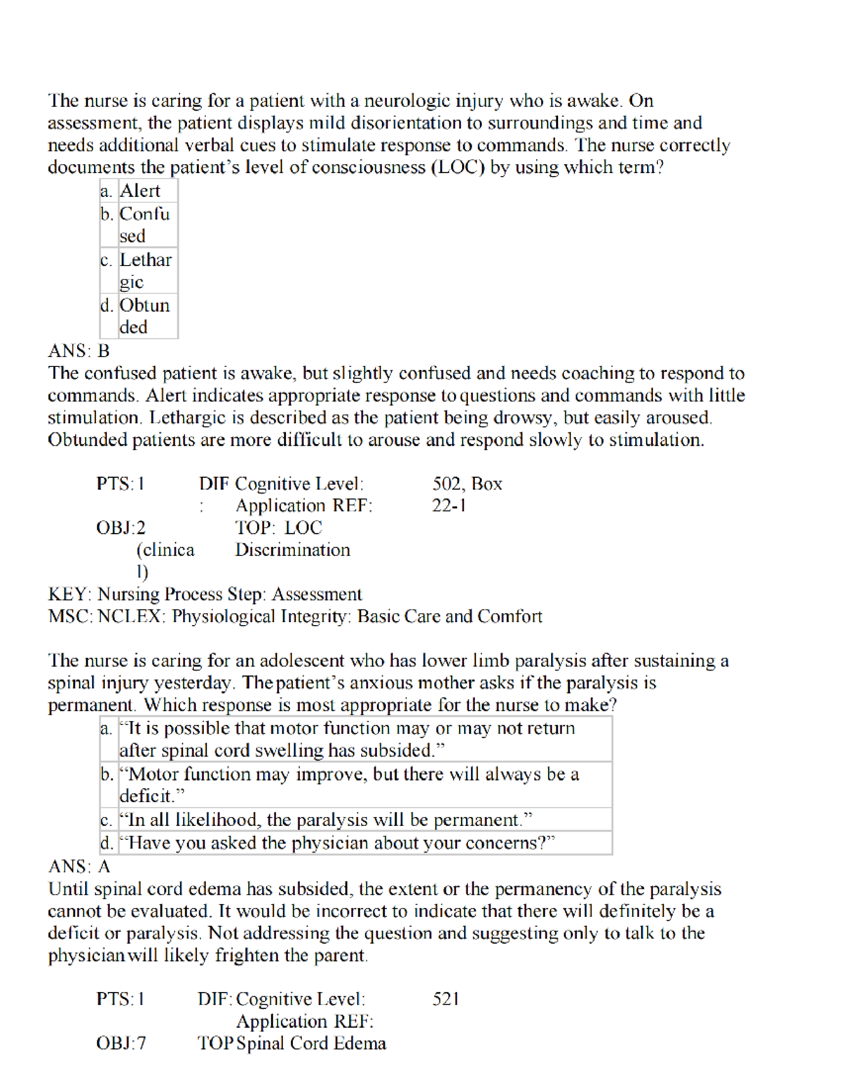 NUR 6409: Test Bank for Medical-Surgical Nursing - LOC & Spinal Edema ...