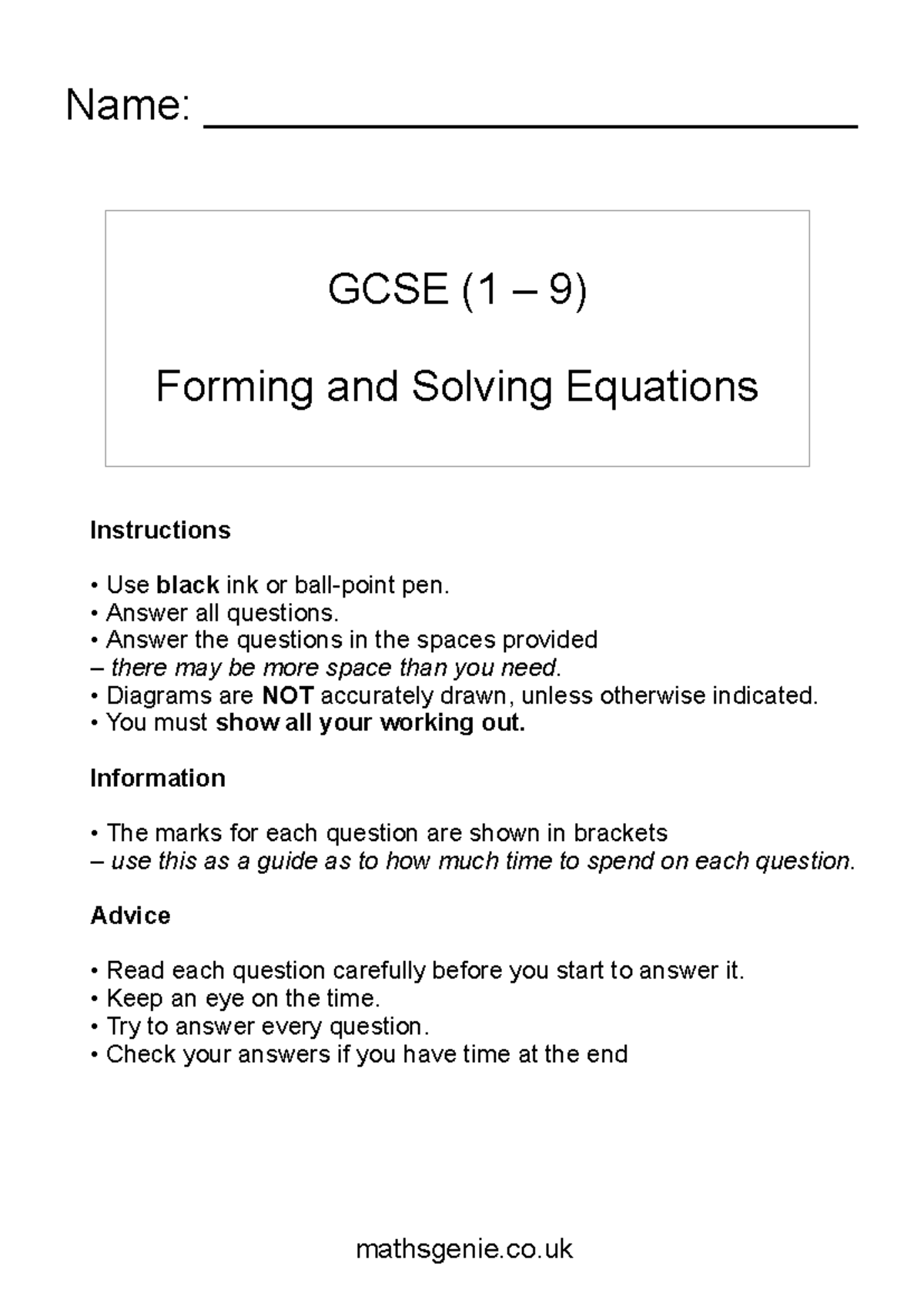 GCSE (1 9) Forming & Solving Equations - Practice Questions - Studocu