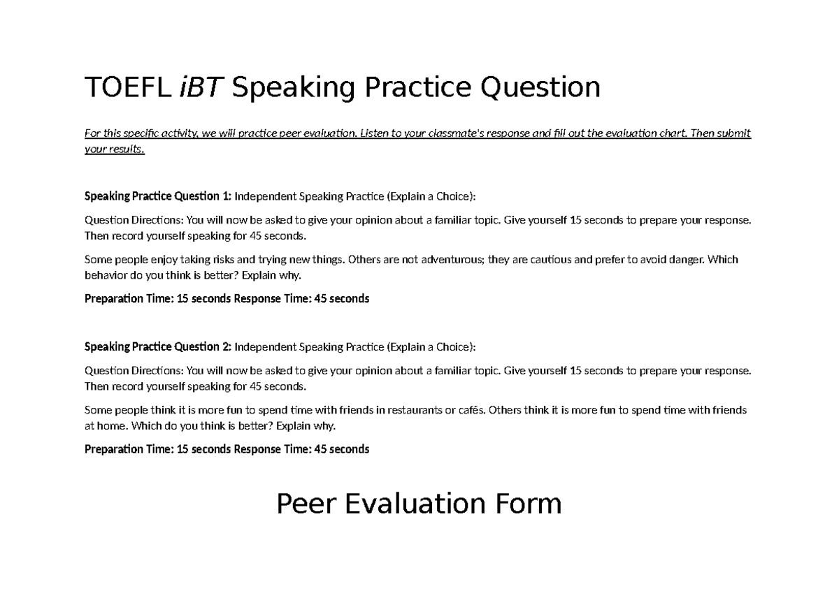TOEFL iBT Speaking Practice: Peer Evaluation Questions - Studocu