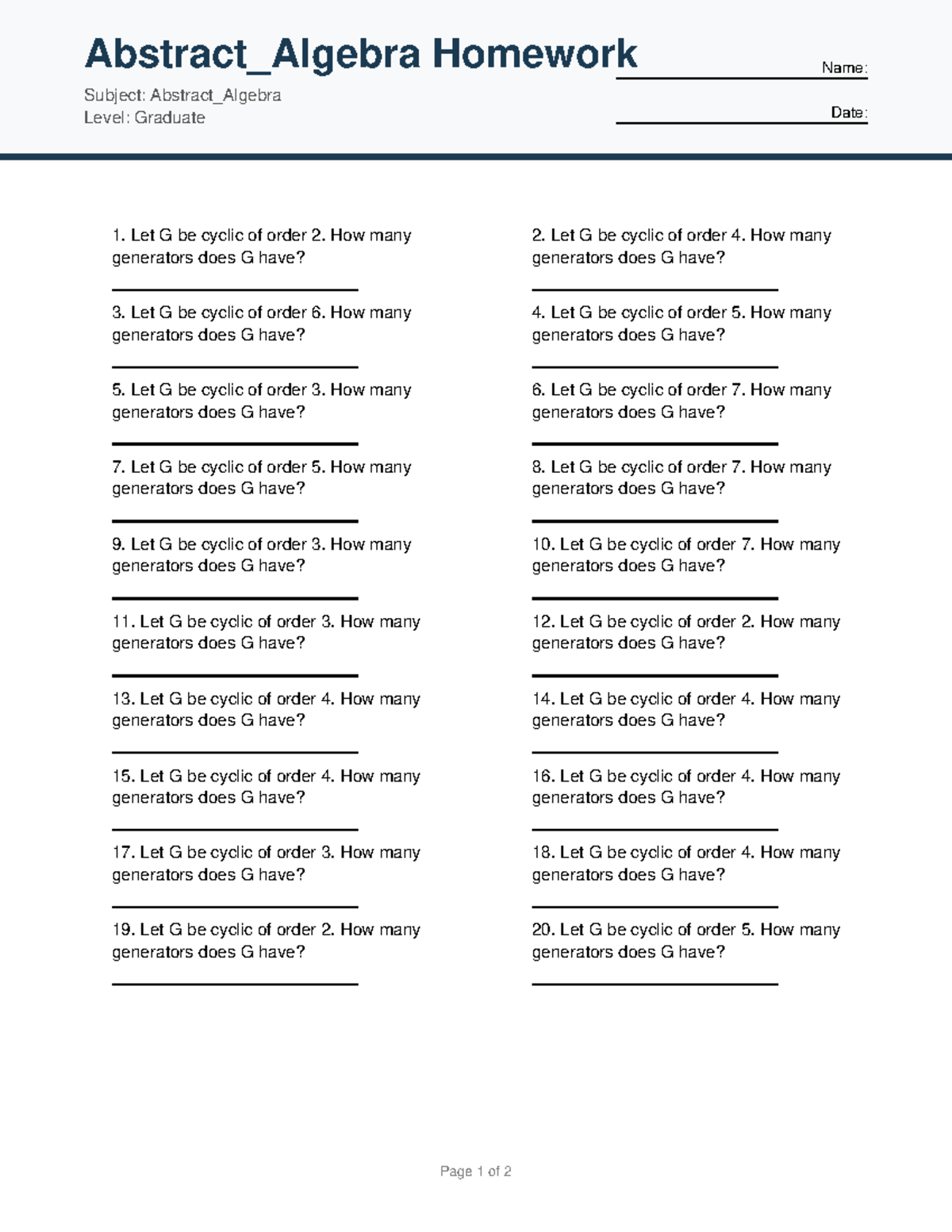 Abstract Algebra Homework 5: Generators of Cyclic Groups - Studocu