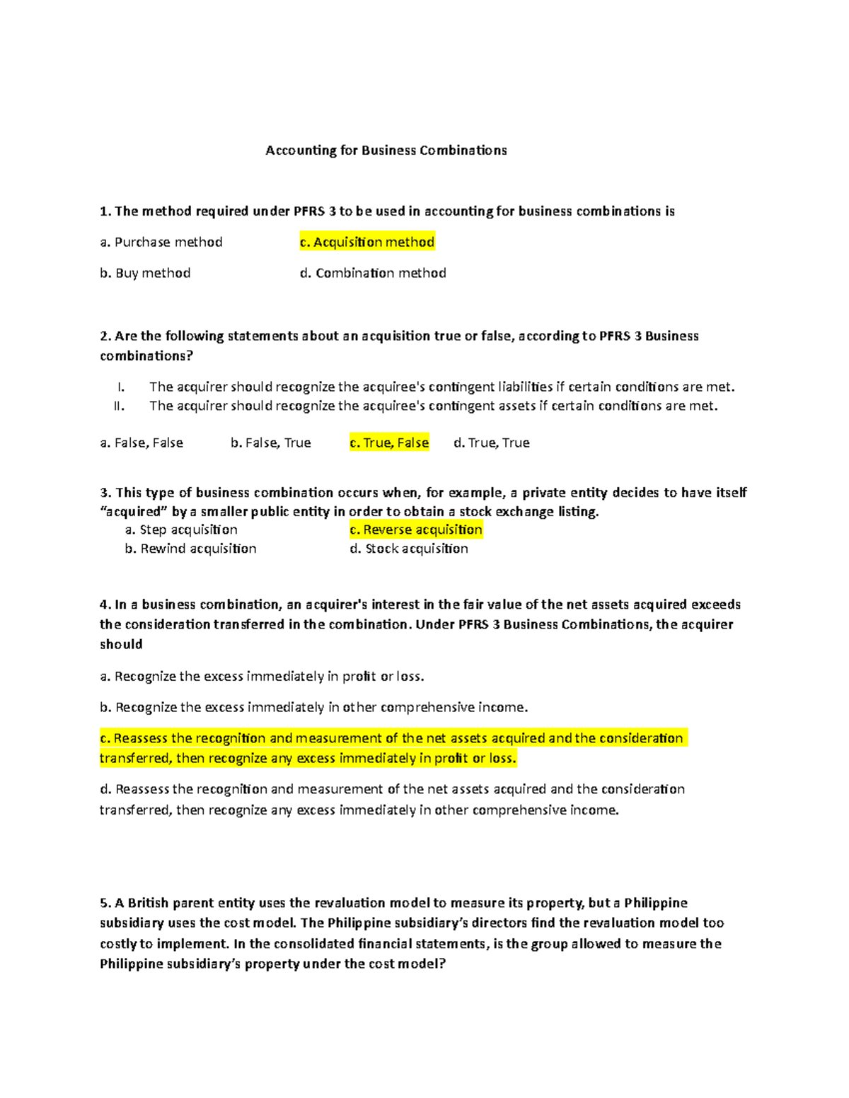 Reviewer - Accounting for Business Combinations - Accounting for Business Combinations The ...