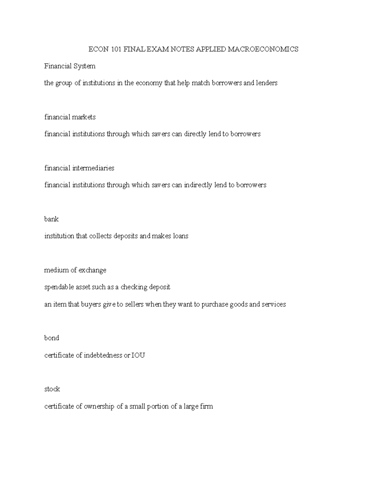 Econ 101 Final Exam Notes Applied Macroeconomics Econ 101 Final Exam