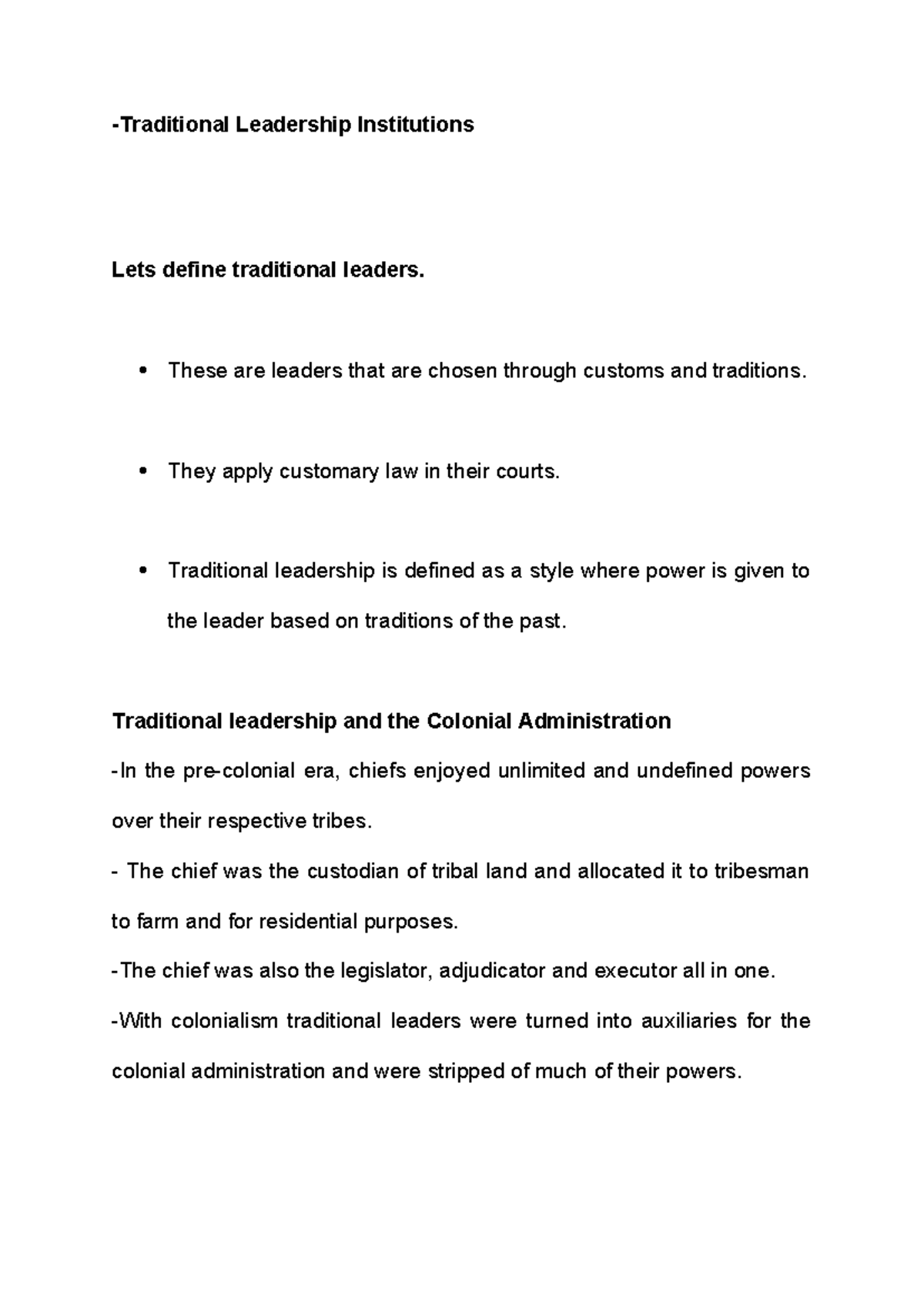 Customary Law Lecture 6: Traditional Leadership in Zimbabwe - Studocu