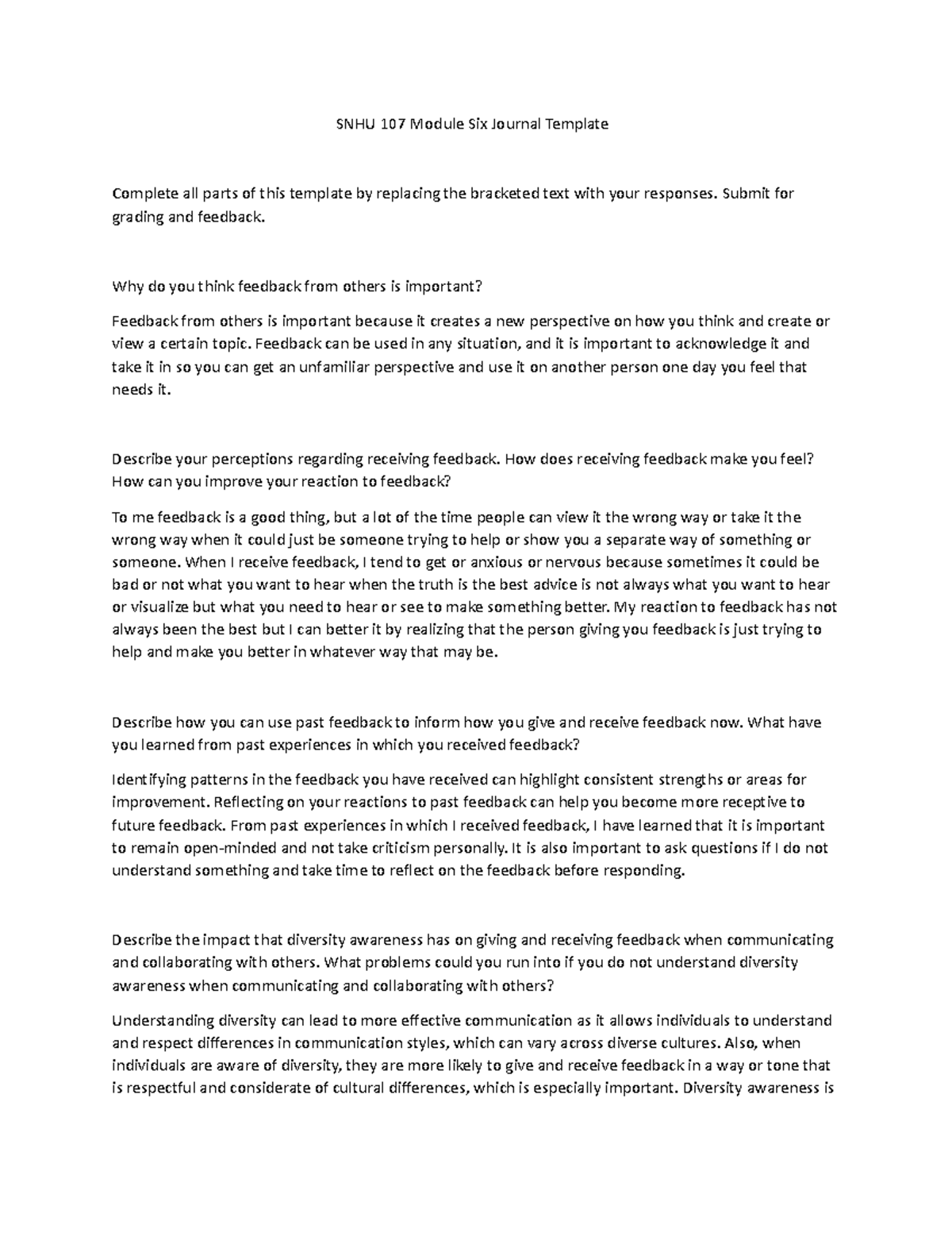 SNHU 107 Module Six Journal: Importance of Feedback and Diversity ...