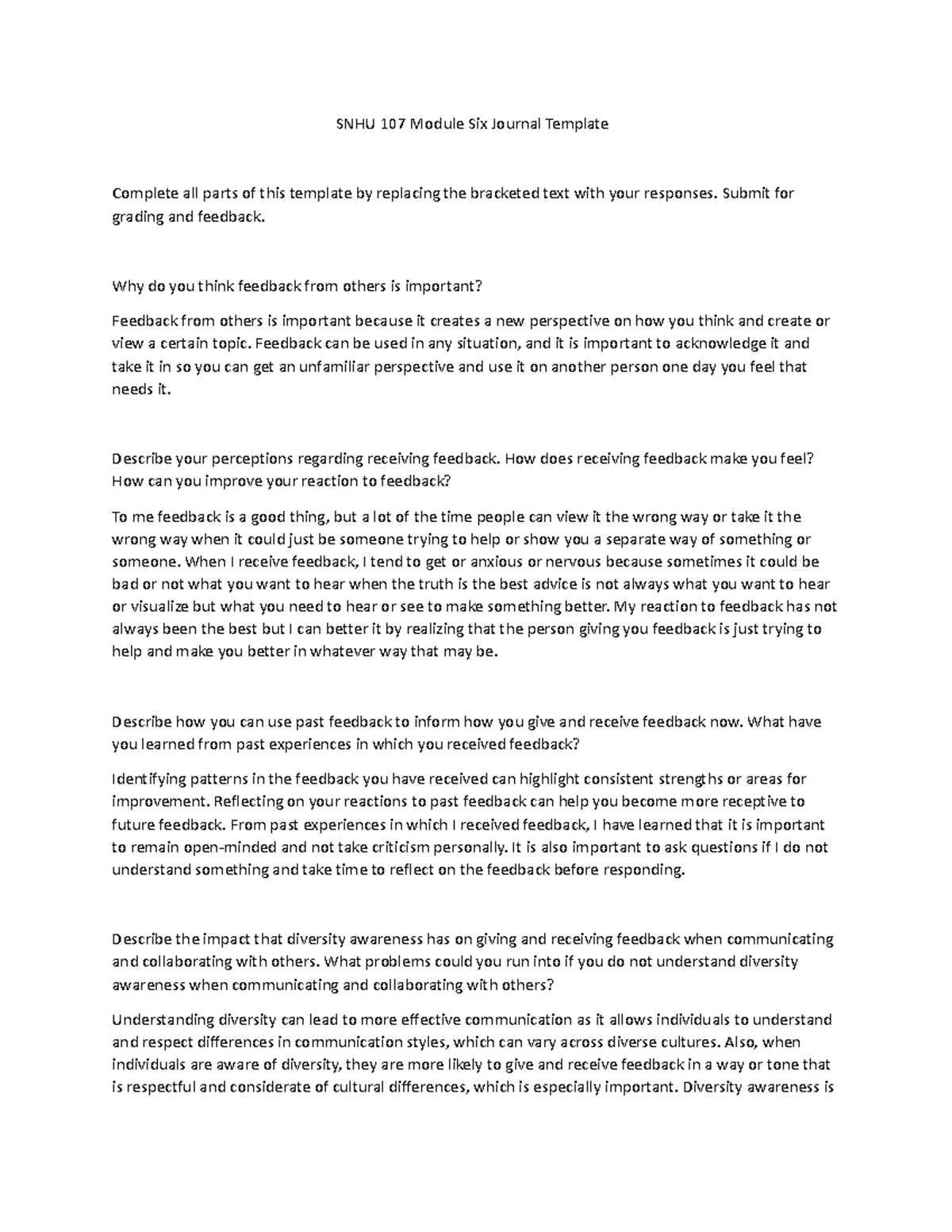 SNHU 107 Module 6: Journal Entry on Feedback Importance - Studocu