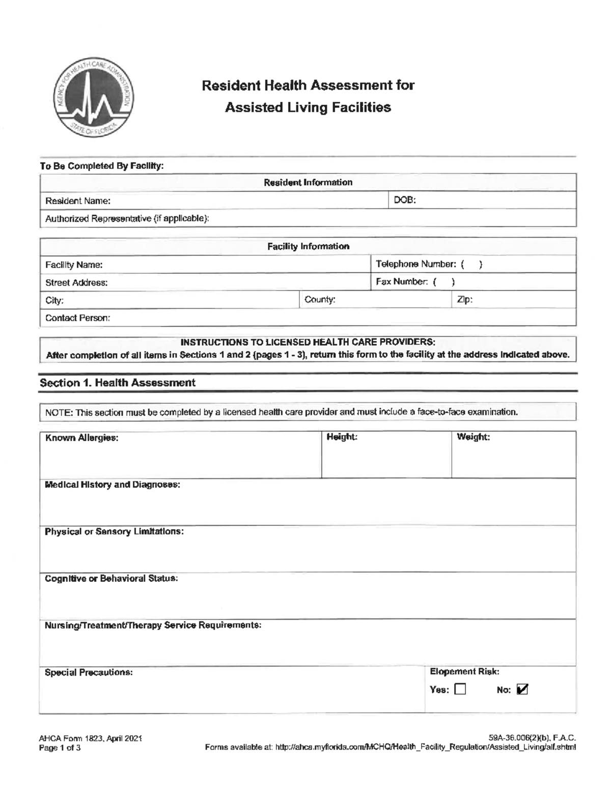 AHCA Form 1823 Resident Health Assessment for Assisted Living ...