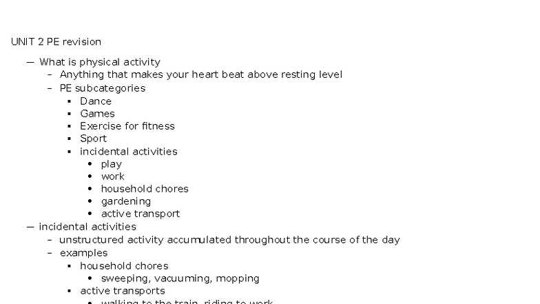UNIT 2 PE Revision - Physical Activity and Health Study Notes - Studocu