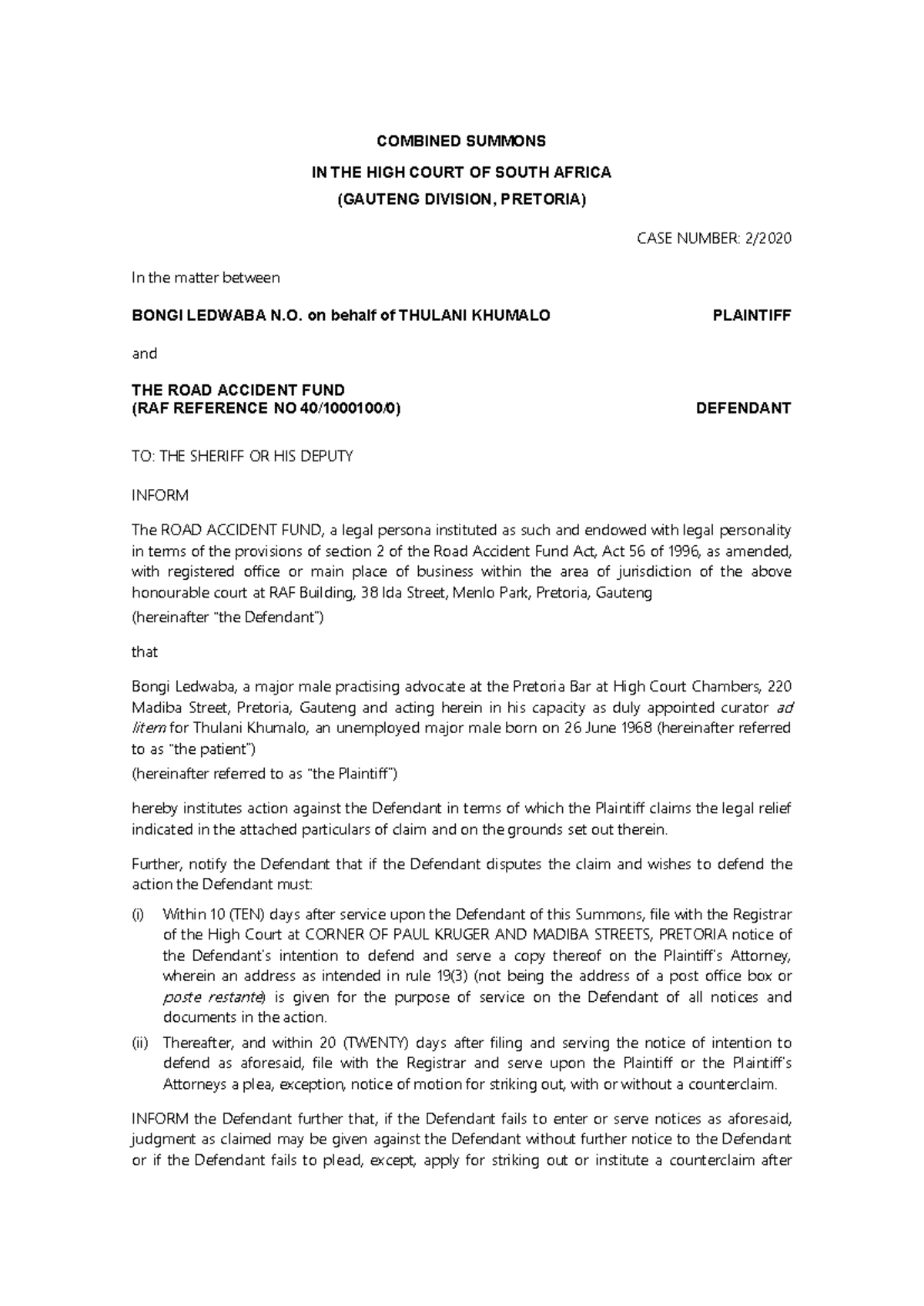 Combined Summons in High Court: Bongi Ledwaba vs. Road Accident Fund ...