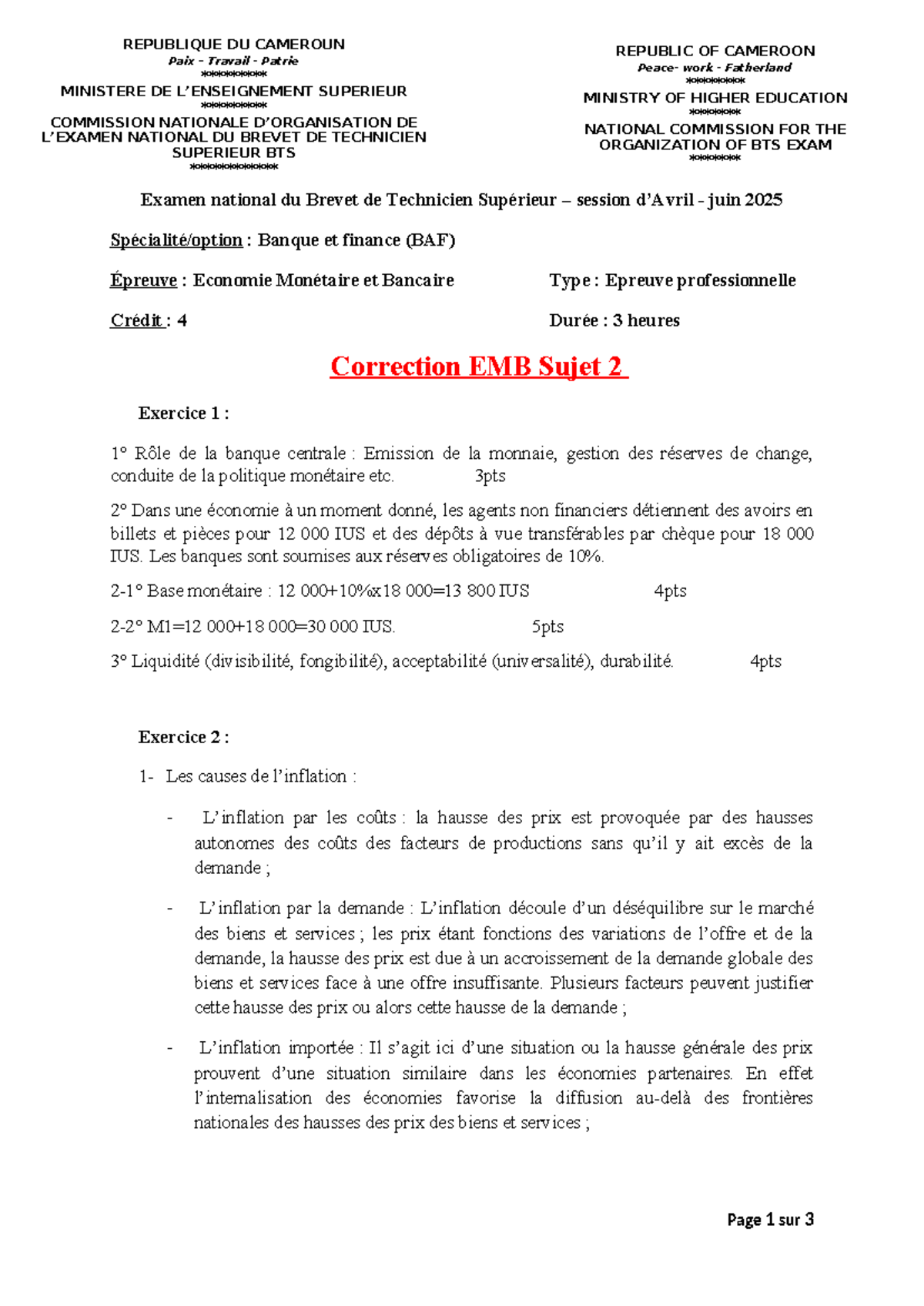 Corrigé Sujet 2 EMB BTS 2025 : Économie Monétaire et Bancaire - Studocu