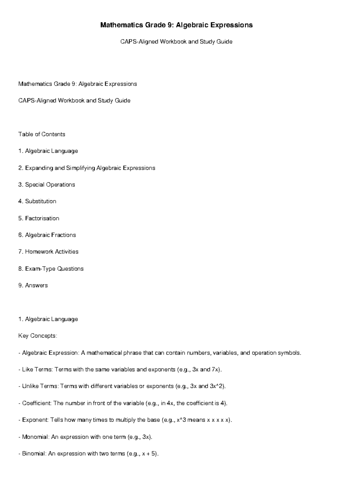 Grade 9 Mathematics: Algebraic Expressions Workbook & Study Guide - Studocu