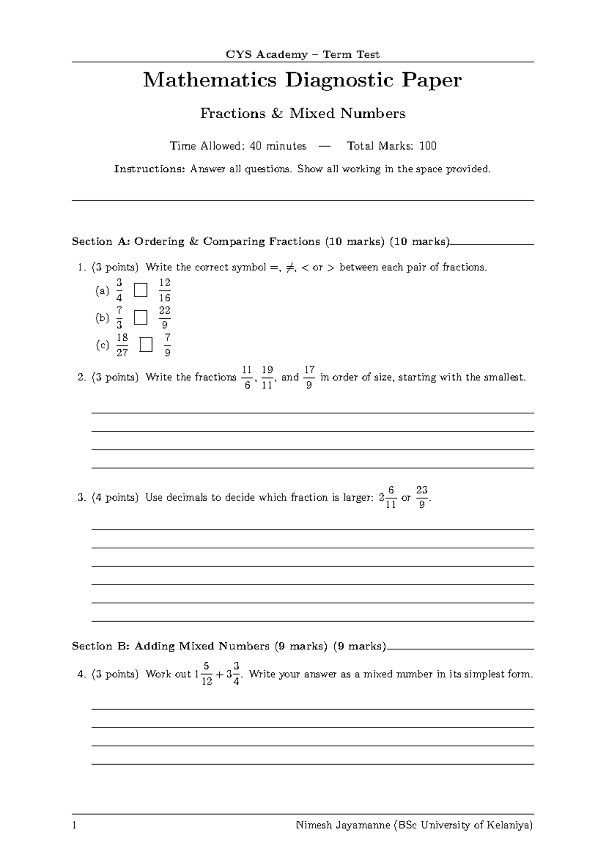 CYS Academy Term Test: Mathematics Diagnostic on Fractions - Studocu