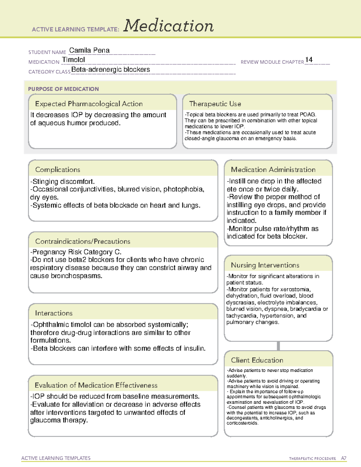 Timolol - ATI assignment - ACTIVE LEARNING TEMPLATES TherapeuTic ...