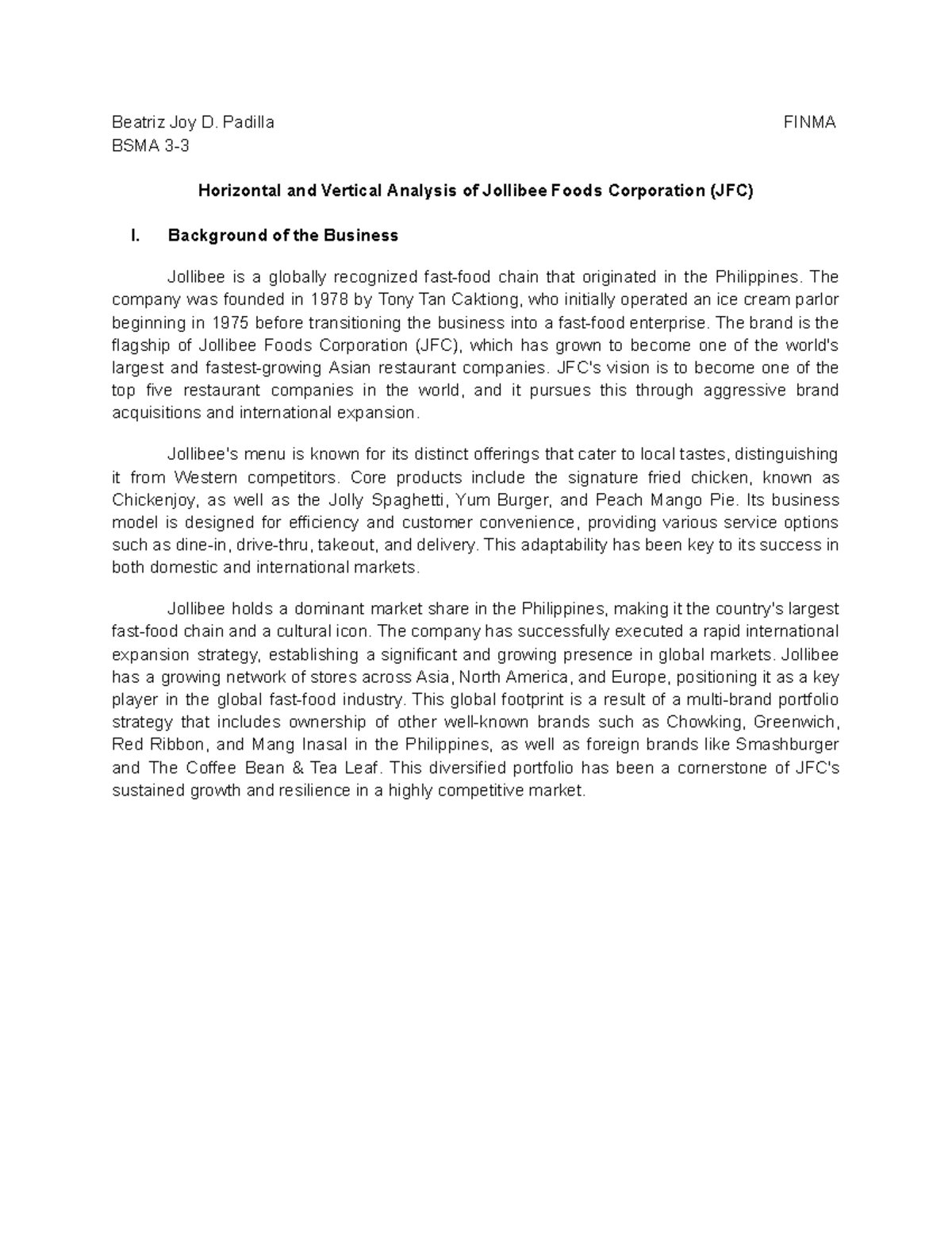 BSMA FINMA Case Study: Horizontal & Vertical Analysis of Jollibee Foods Corp - Studocu